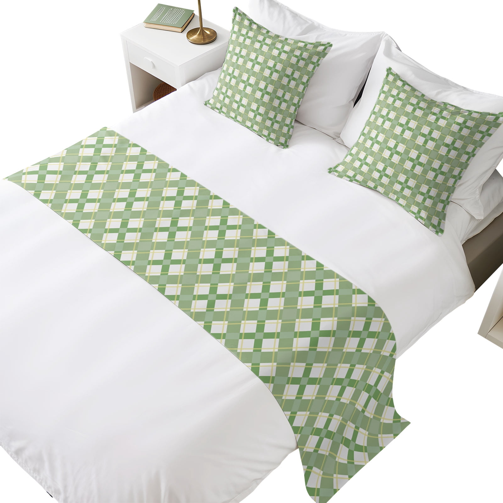 Bed Runner for Queen Size Bed, Ombre Green Plaid, 3 Pcs Bedding Runner ...