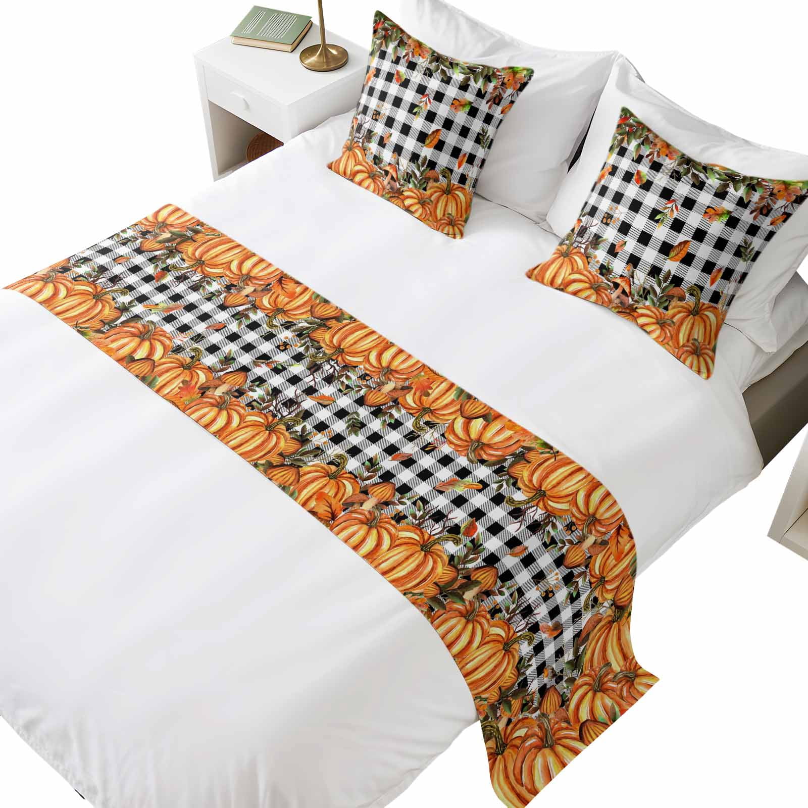 Bed Runner for Queen Size Bed, Orange Yellow Pumpkin Fall Decorative ...