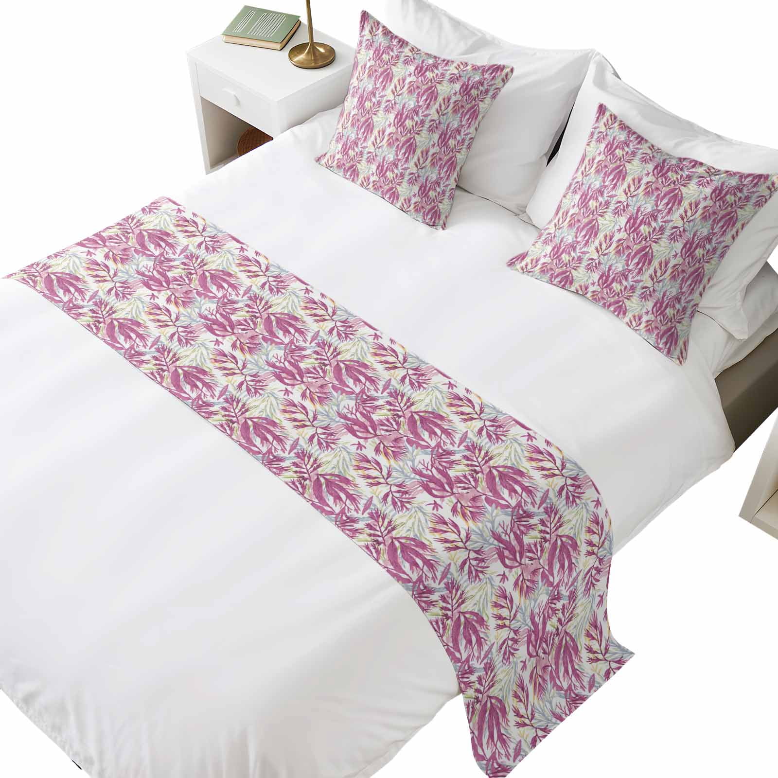 Bed Runner for Queen Size Bed, Pink Leaf Decorative Beds Runners and 2 ...