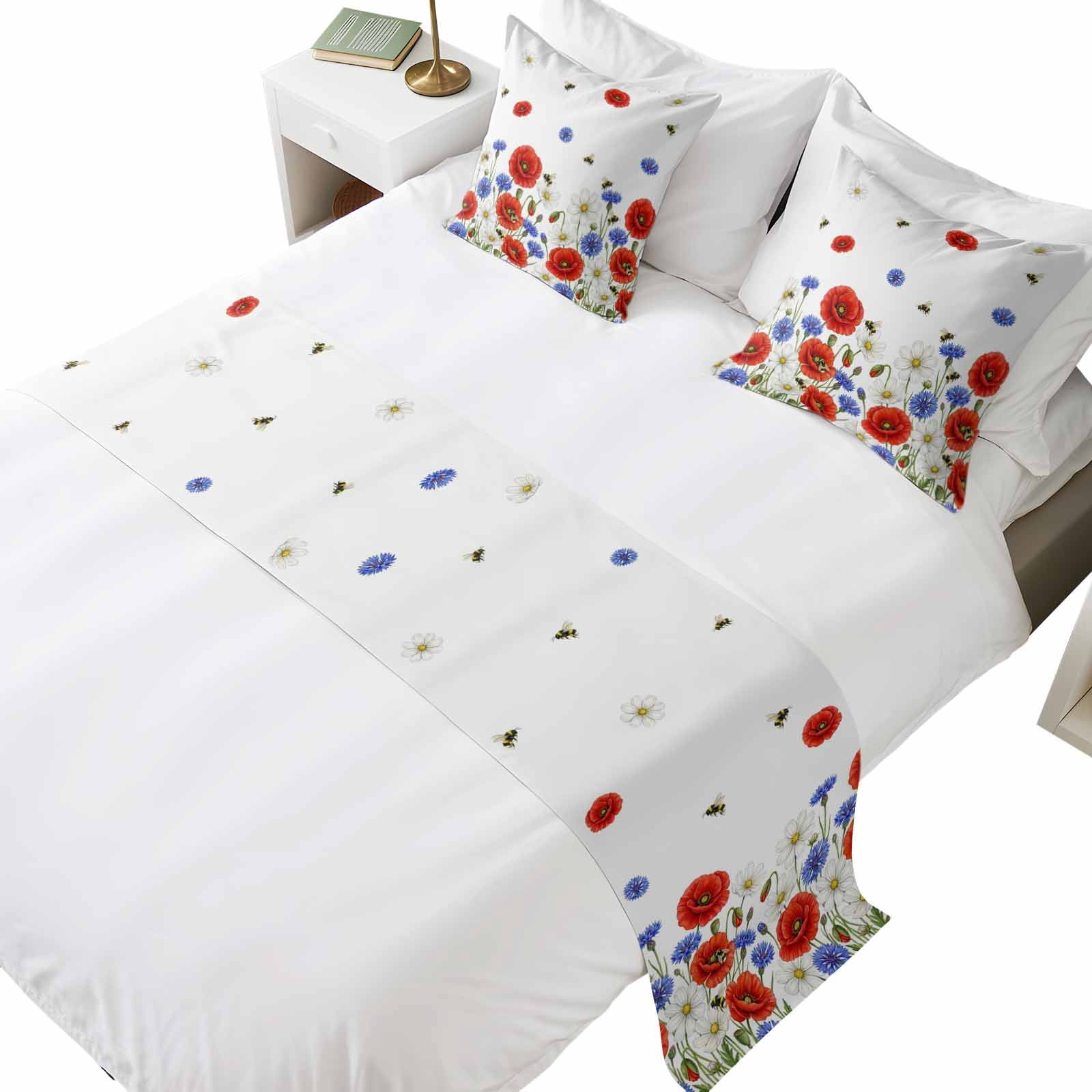 Bed Runner for Queen Size Bed, Red Blue Poppy Floral Decorative Beds ...