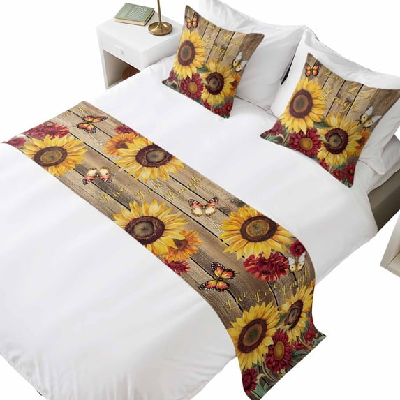 Bed Runner for Queen Size Bed, Sunflower Brown Wooden 3 Pcs Bedding ...