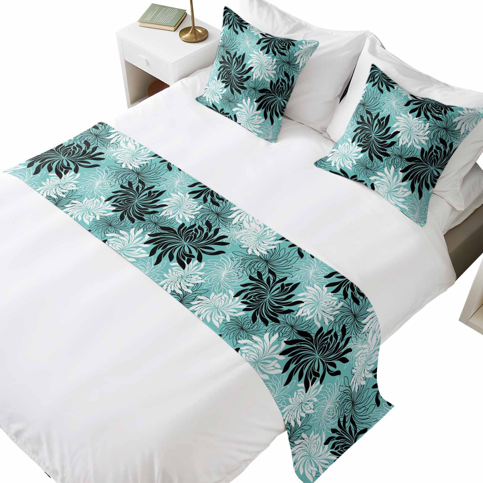 Bed Runner for Queen Size Bed, Teal Black Flowers Decorative Beds ...