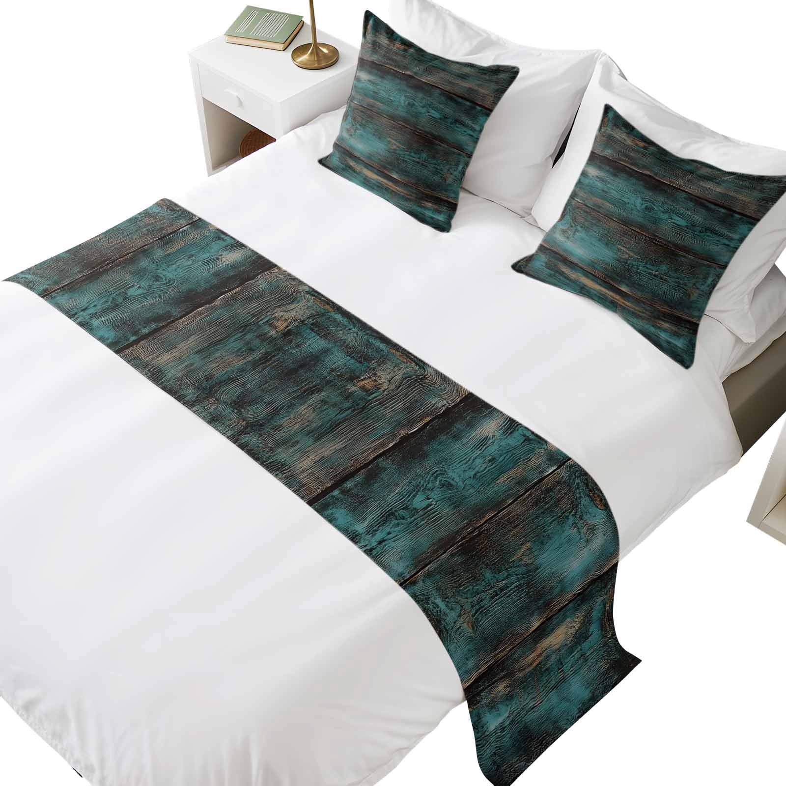 Bed Runner for Queen Size Bed, Teal Brown Plank Prints 3 Pcs Bedding ...