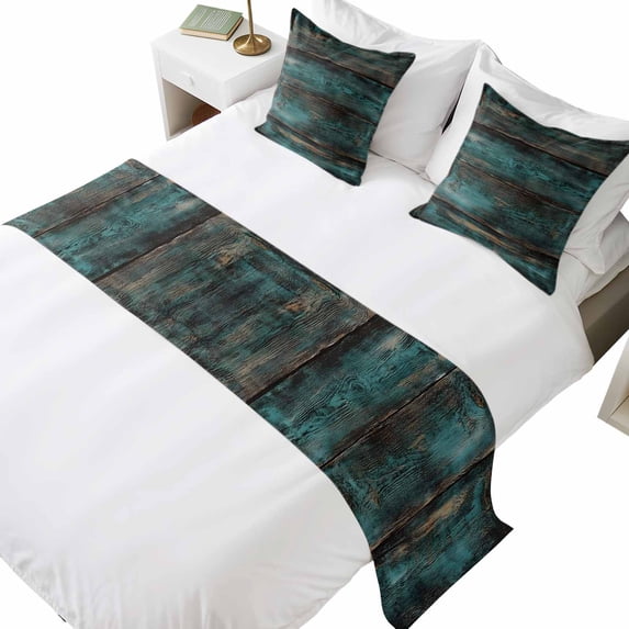 Bed Runner for Queen Size Bed, Teal Brown Plank Prints 3 Pcs Bedding ...