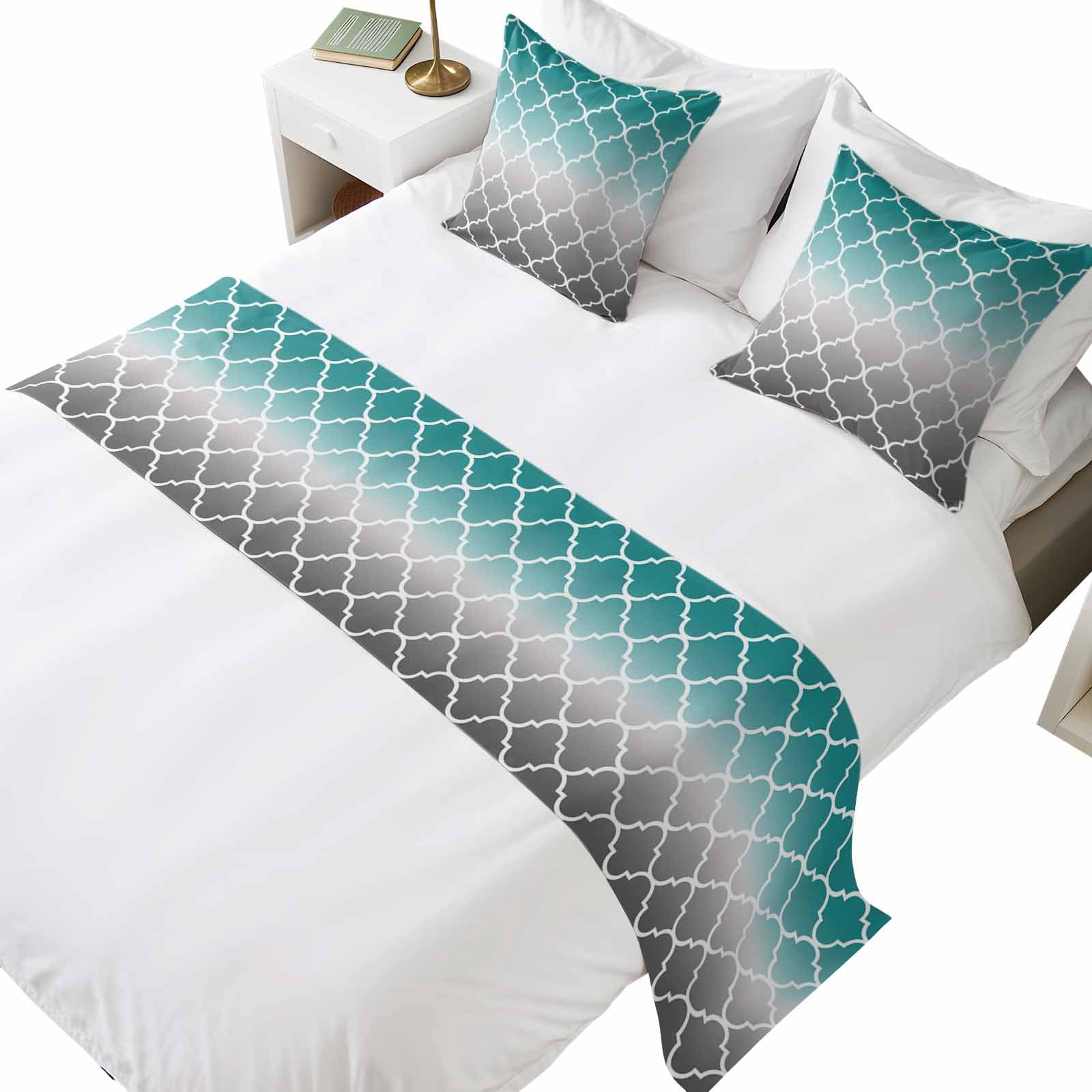 Bed Runner for Queen Size Bed, Teal Grey Ombre Morocco Pattern 3 Pcs ...