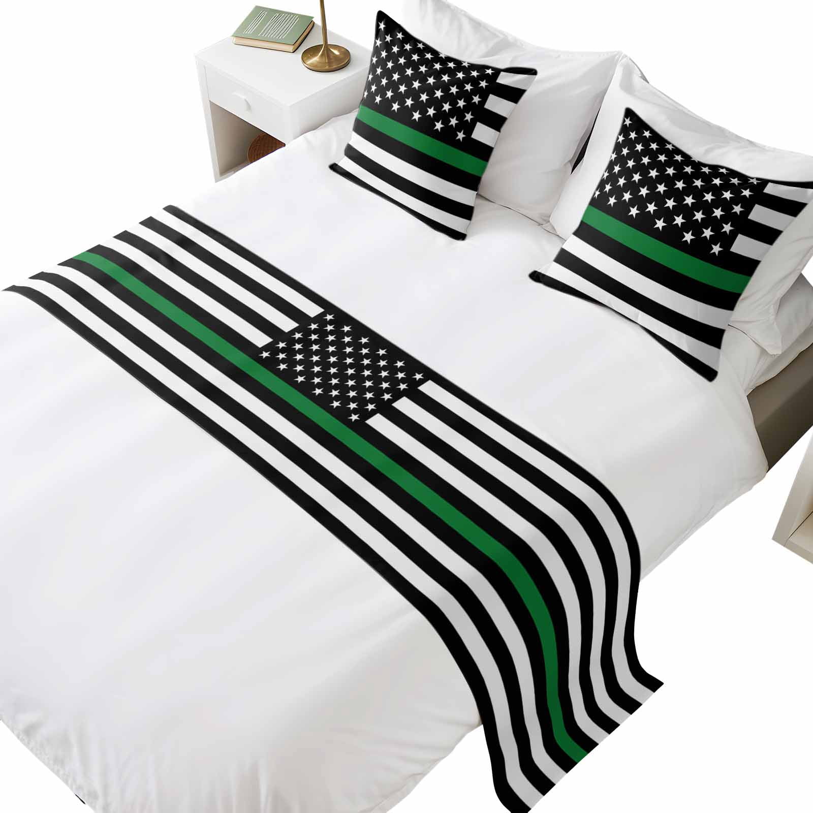 Bed Runner for Queen Size Bed, Thin Green White Line 3 Pcs Bedding ...