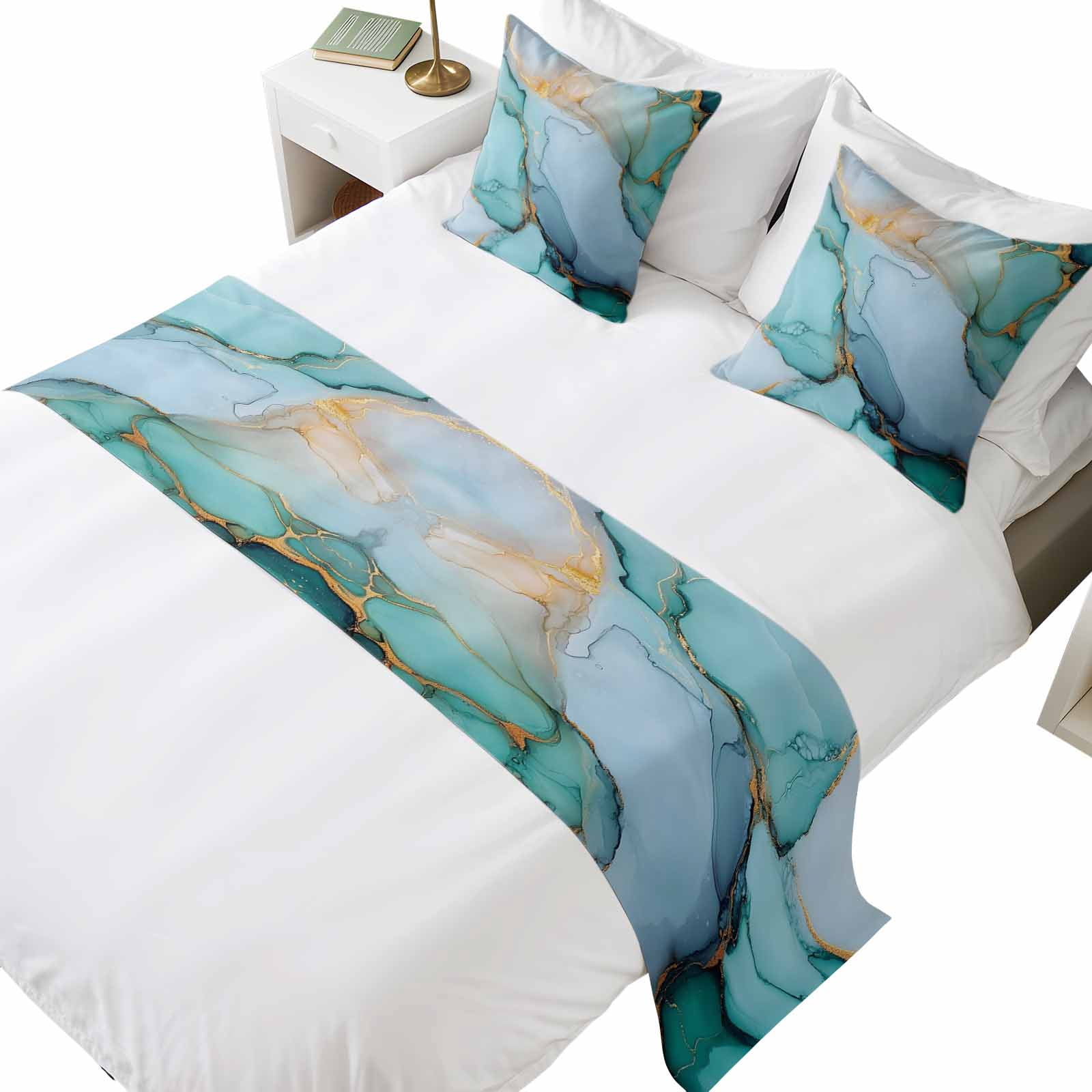 Bed Runner for Queen Size Bed, Turquoise Marble 3 Pcs Bedding Runner ...