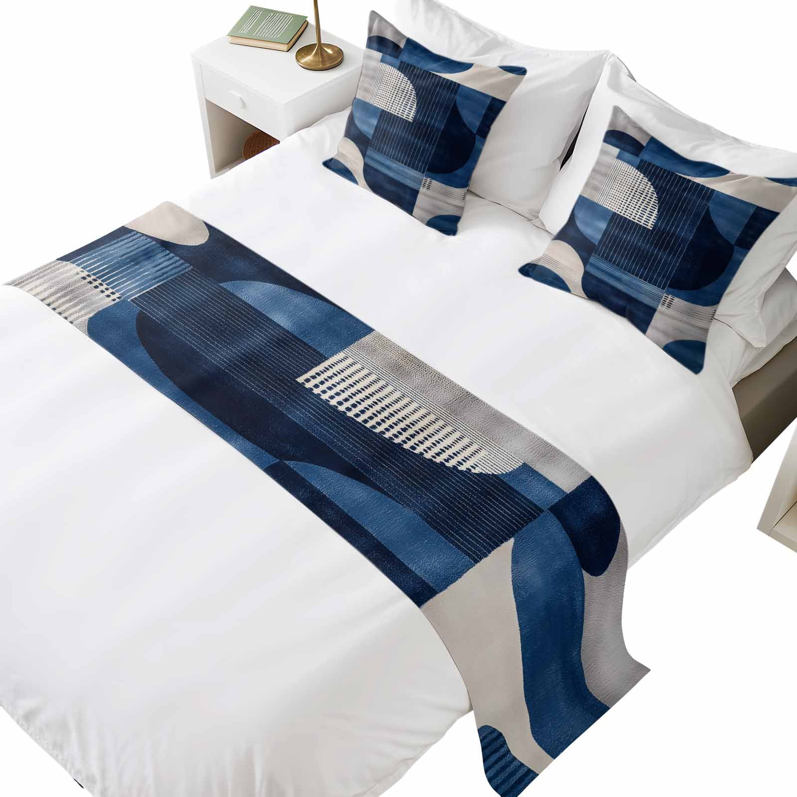 Bed Runner for Queen Size Bed, Vintage Blue Geometric 3 Pcs Bedding ...