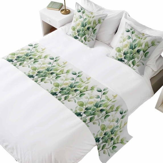 Bed Runner for Queen Size Bed, Watercolor Botanical Green 3 Pcs Bedding ...