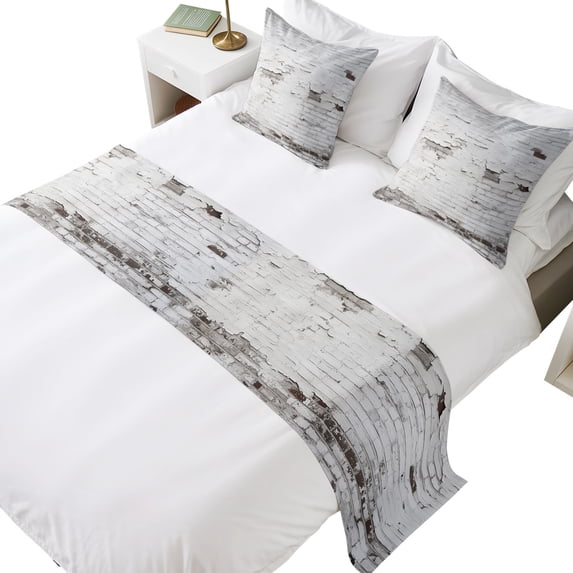 Bed Runner for Queen Size Bed, White Grey Brick Wall 3 Pcs Bedding ...