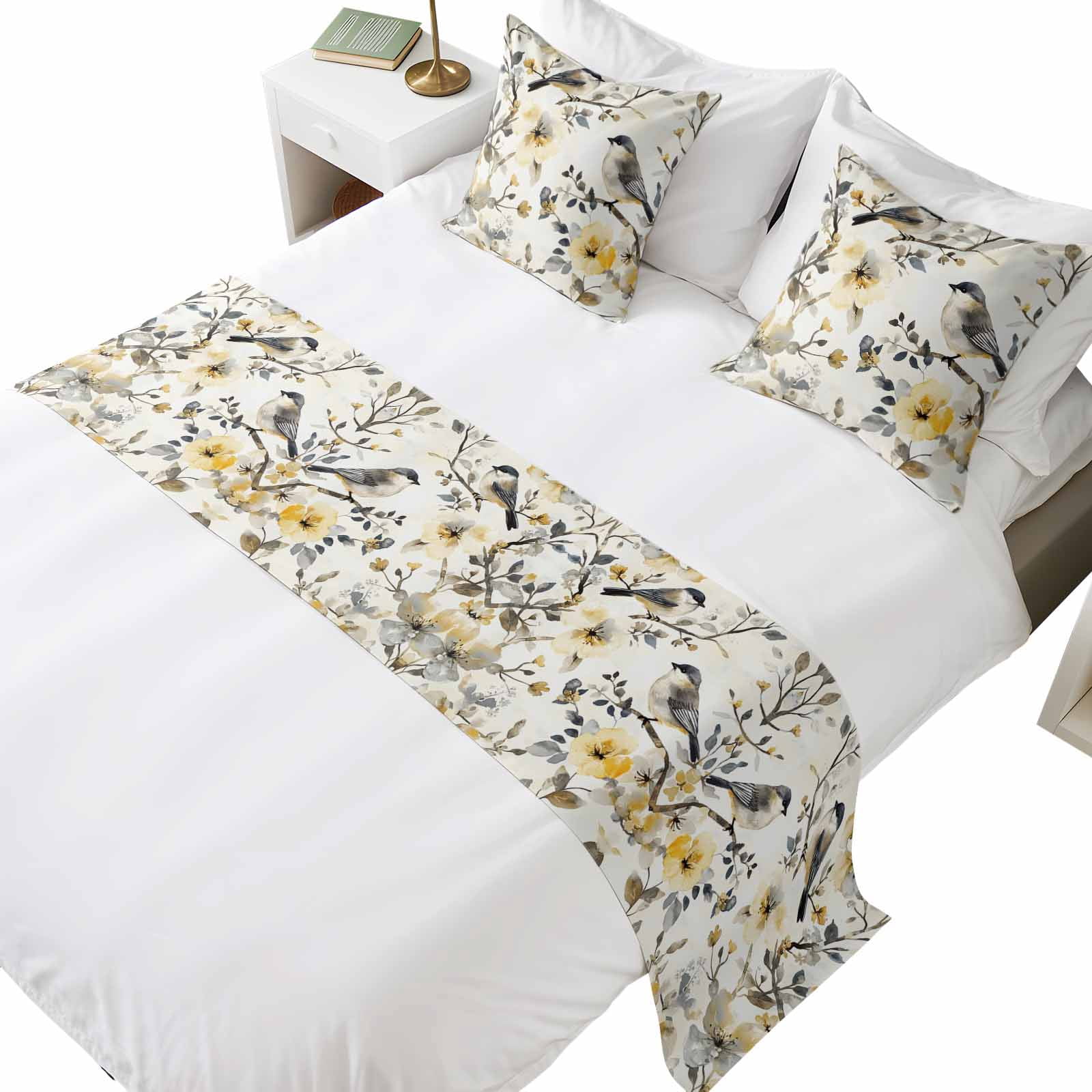 Bed Runner for Queen Size Bed, Yellow Grey Botanical 3 Pcs Bedding ...