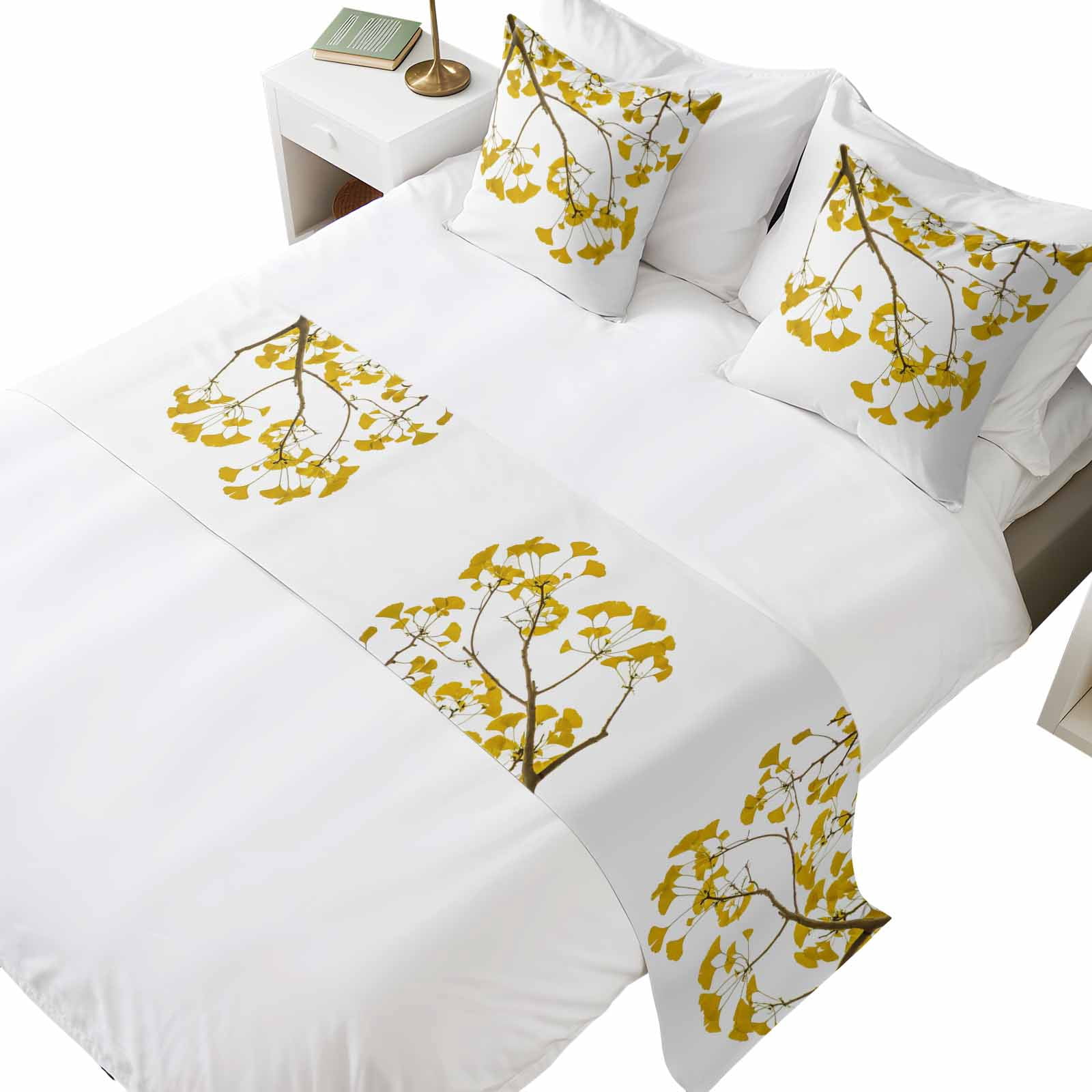 Bed Runner for Queen Size Bed, Yellow Leaves 3 Pcs Bedding Runner Set ...