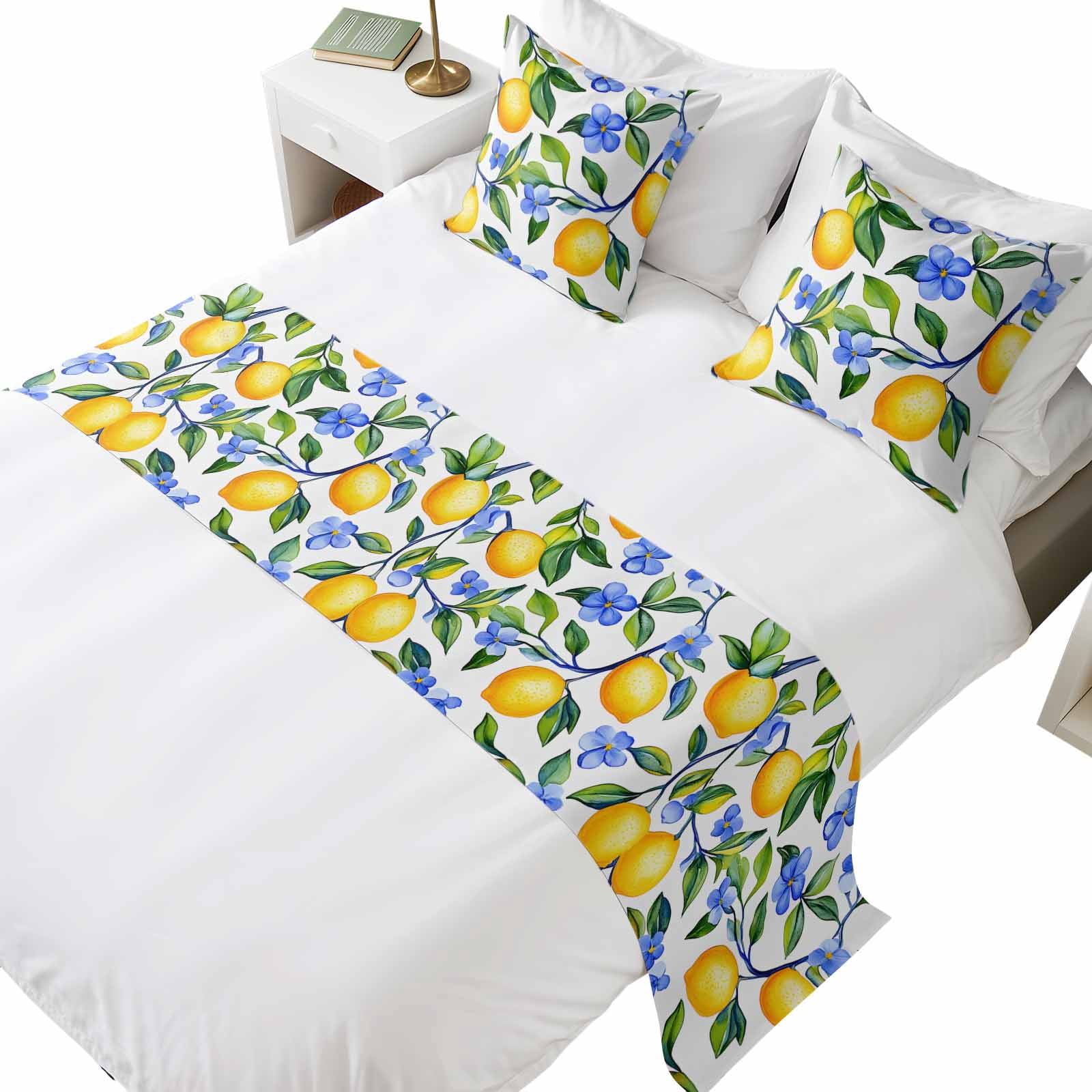 Bed Runner for Queen Size Bed, Yellow Lemon 3 Pcs Bedding Runner Set ...