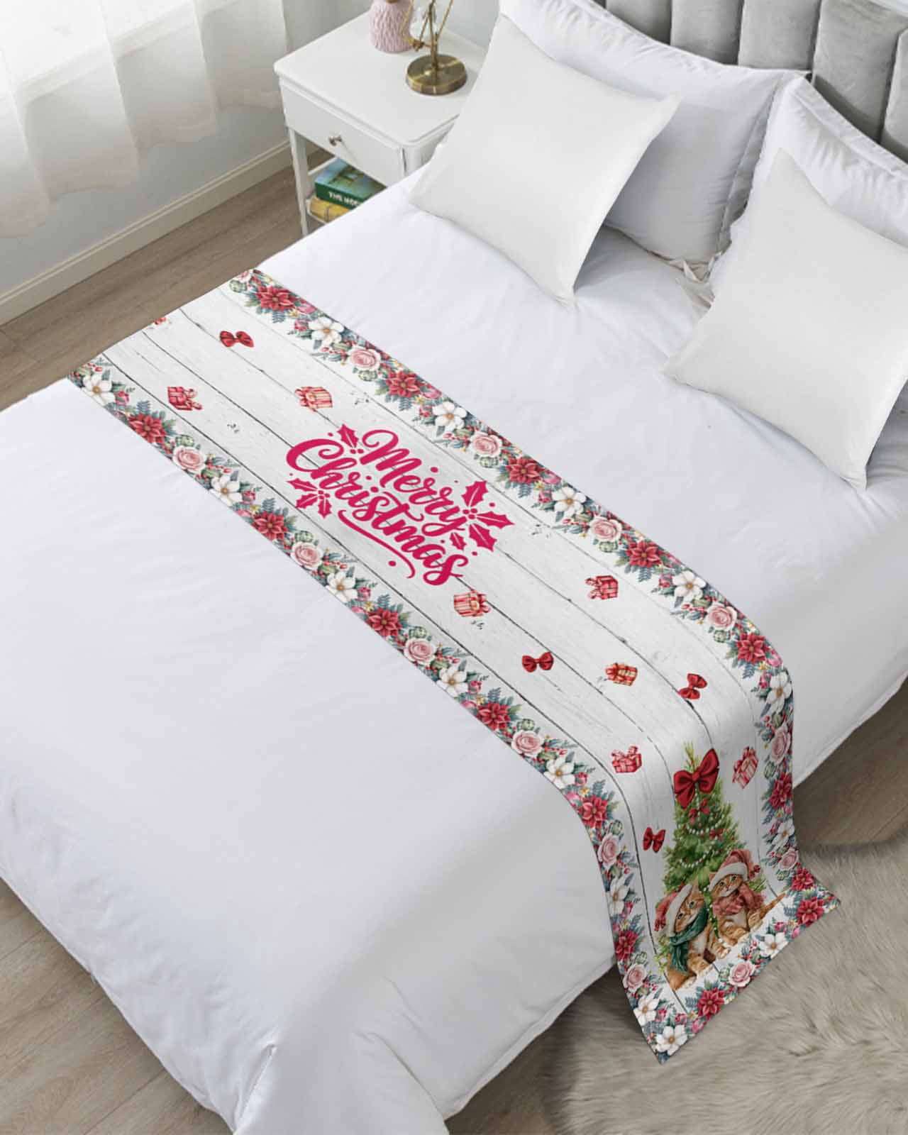 Bed Runner for Queen Size, Christmas Cats Decorative Scarf Throws for ...