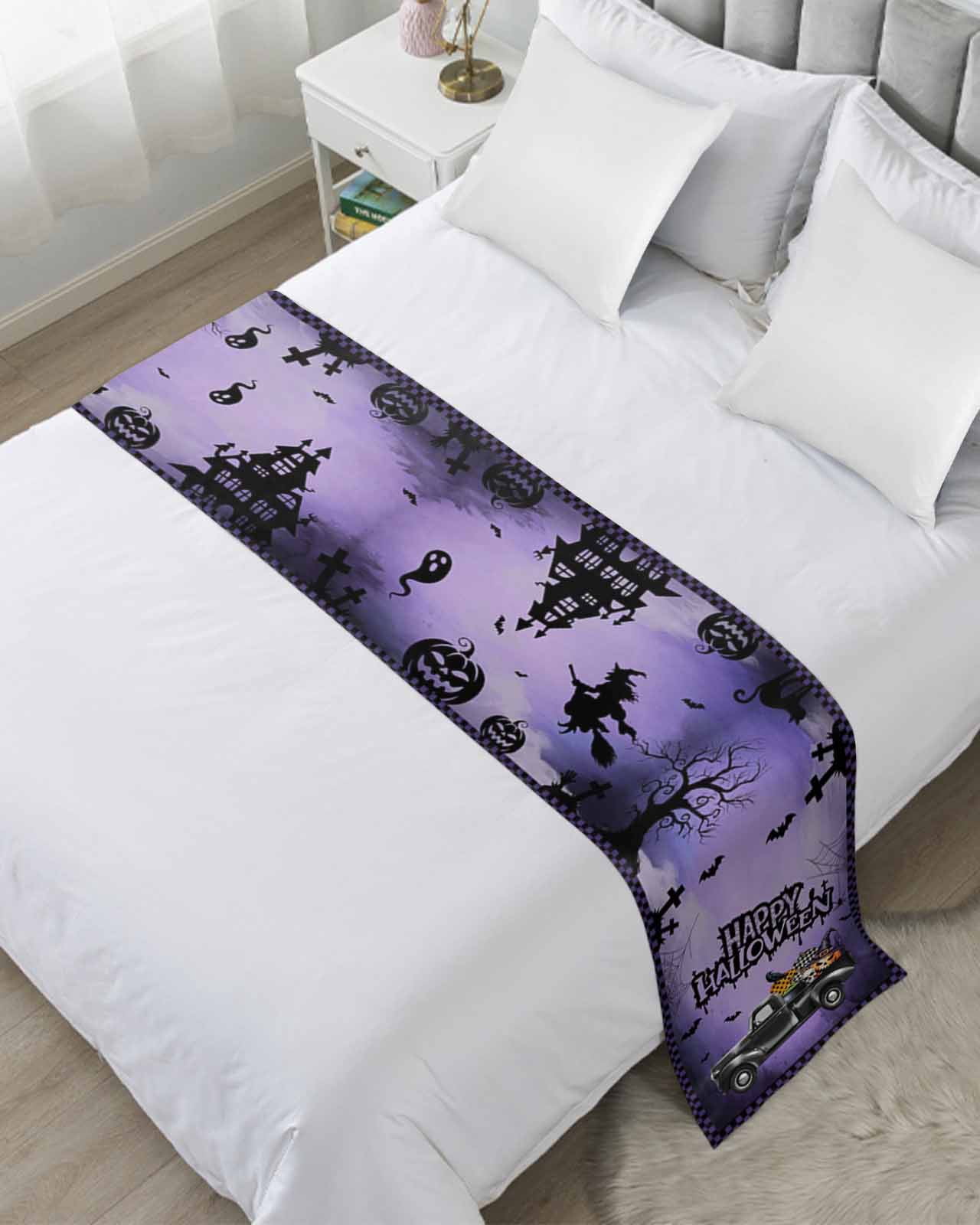Bed Runner for Queen Size, Dark Purple Halloween Decorative Scarf ...