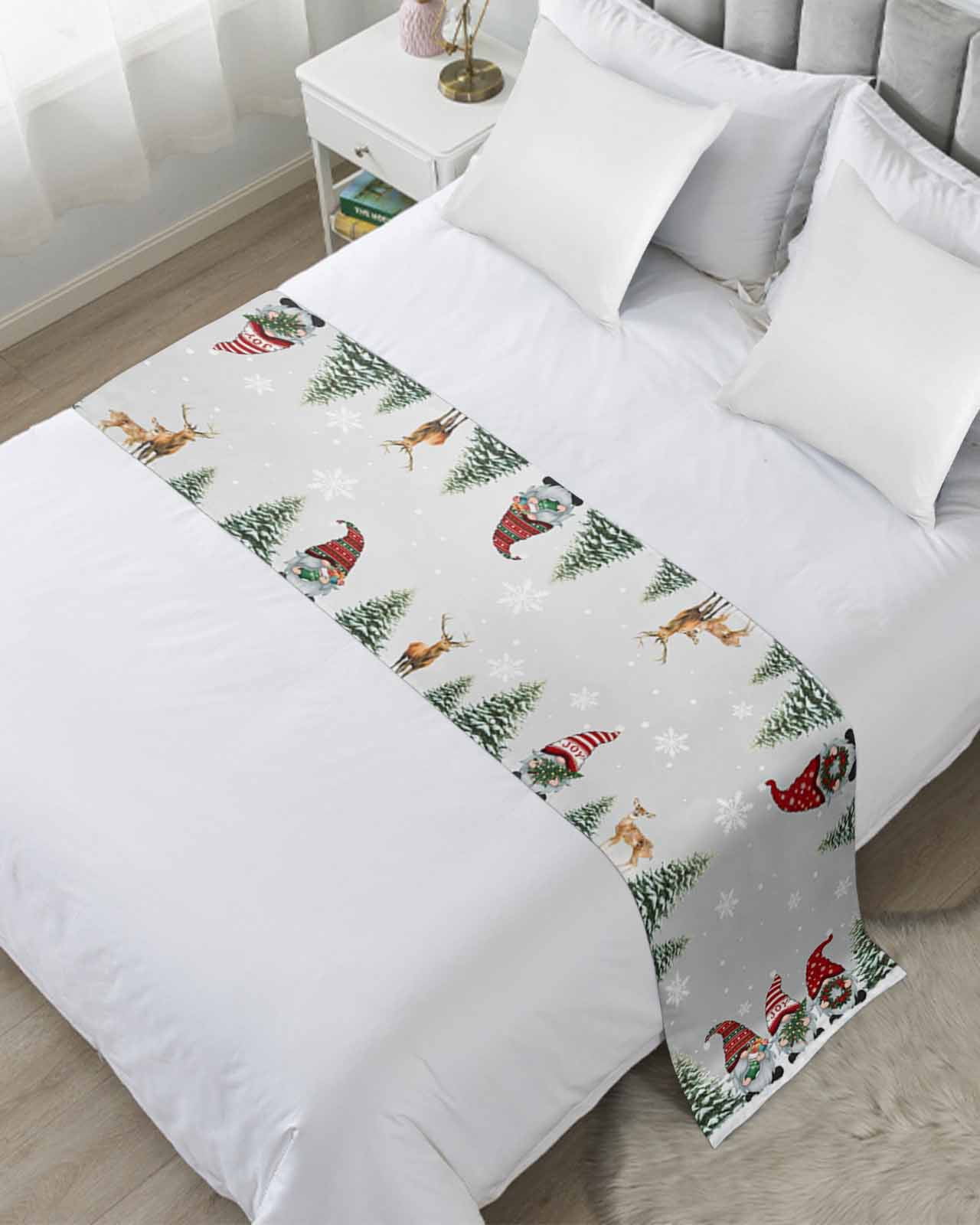 Bed Runner for Queen Size, Grey Christmas Gnomes Decorative Scarf ...