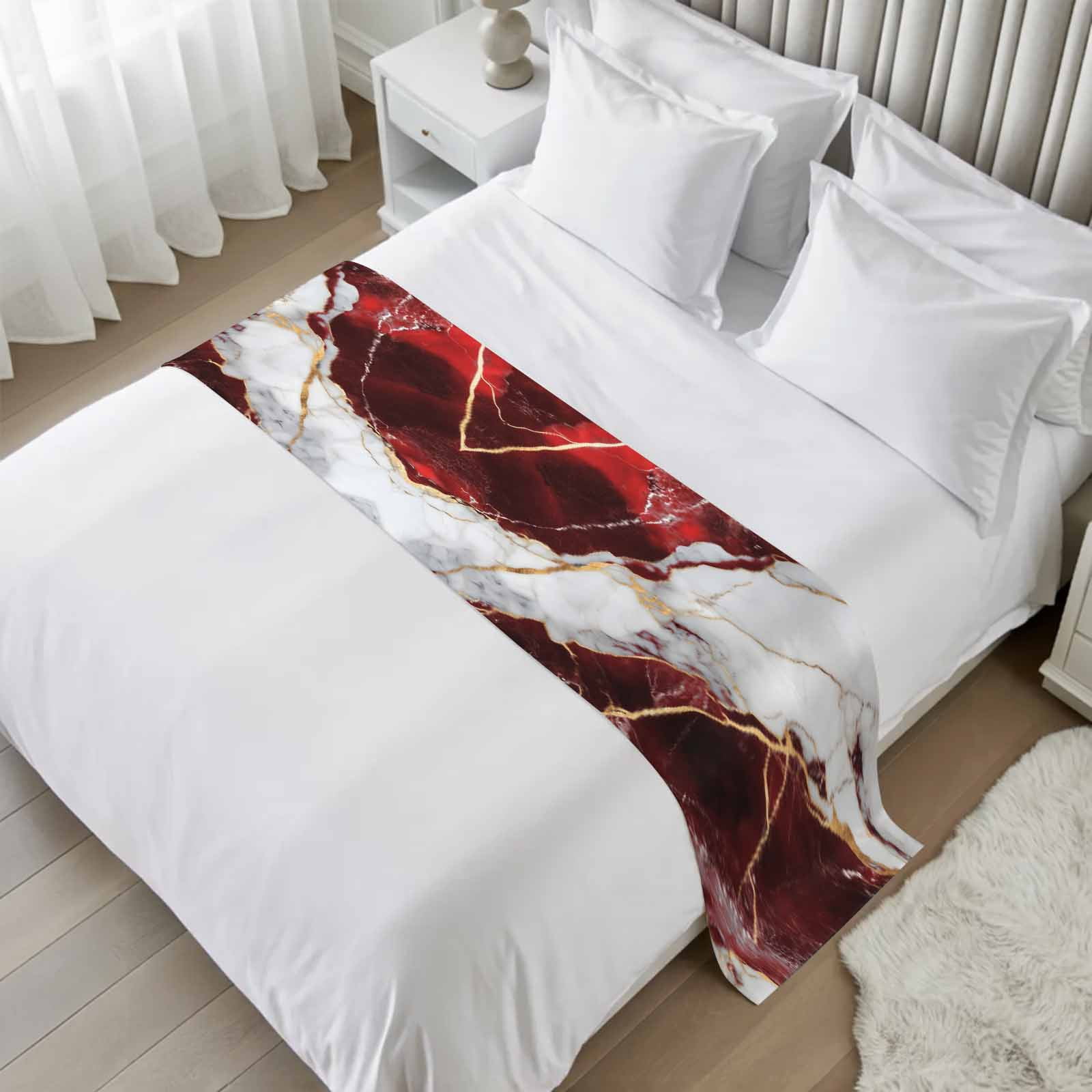 Bed Runner Red Abstract Marble Bedding Scarves Soft Decorative Bed Flag ...