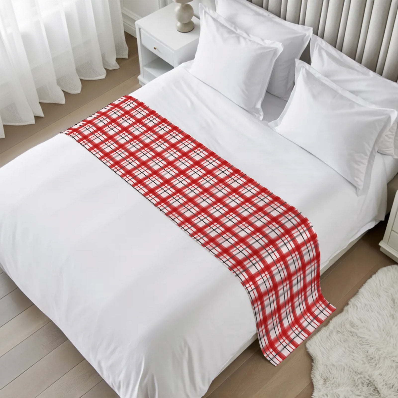 Bed Runner Red Checked Plaid Bedding Scarves Soft Decorative Bed Flag ...