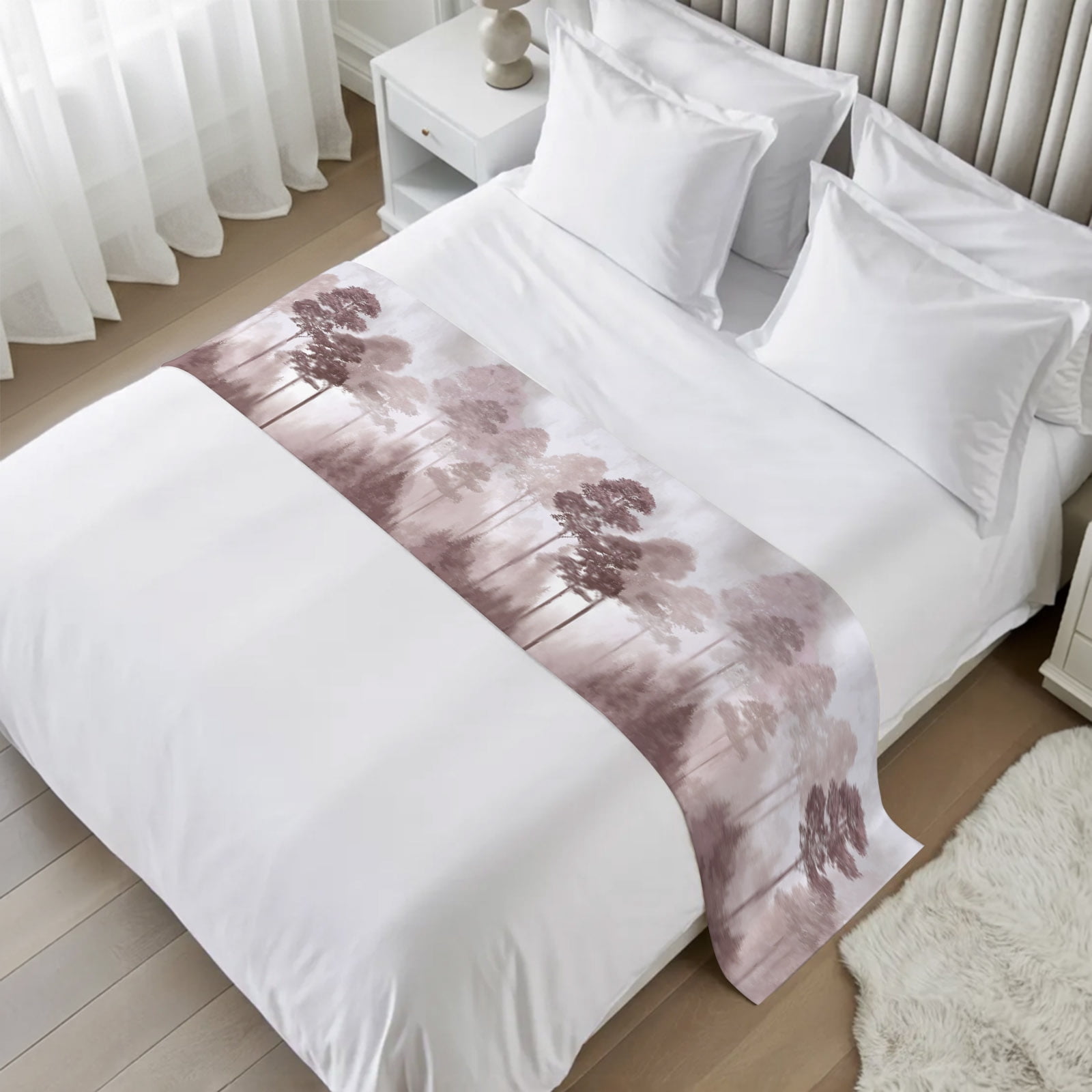 Bed Runner Red Pine Tree Bedding Scarves Soft Decorative Bed Flag Misty ...