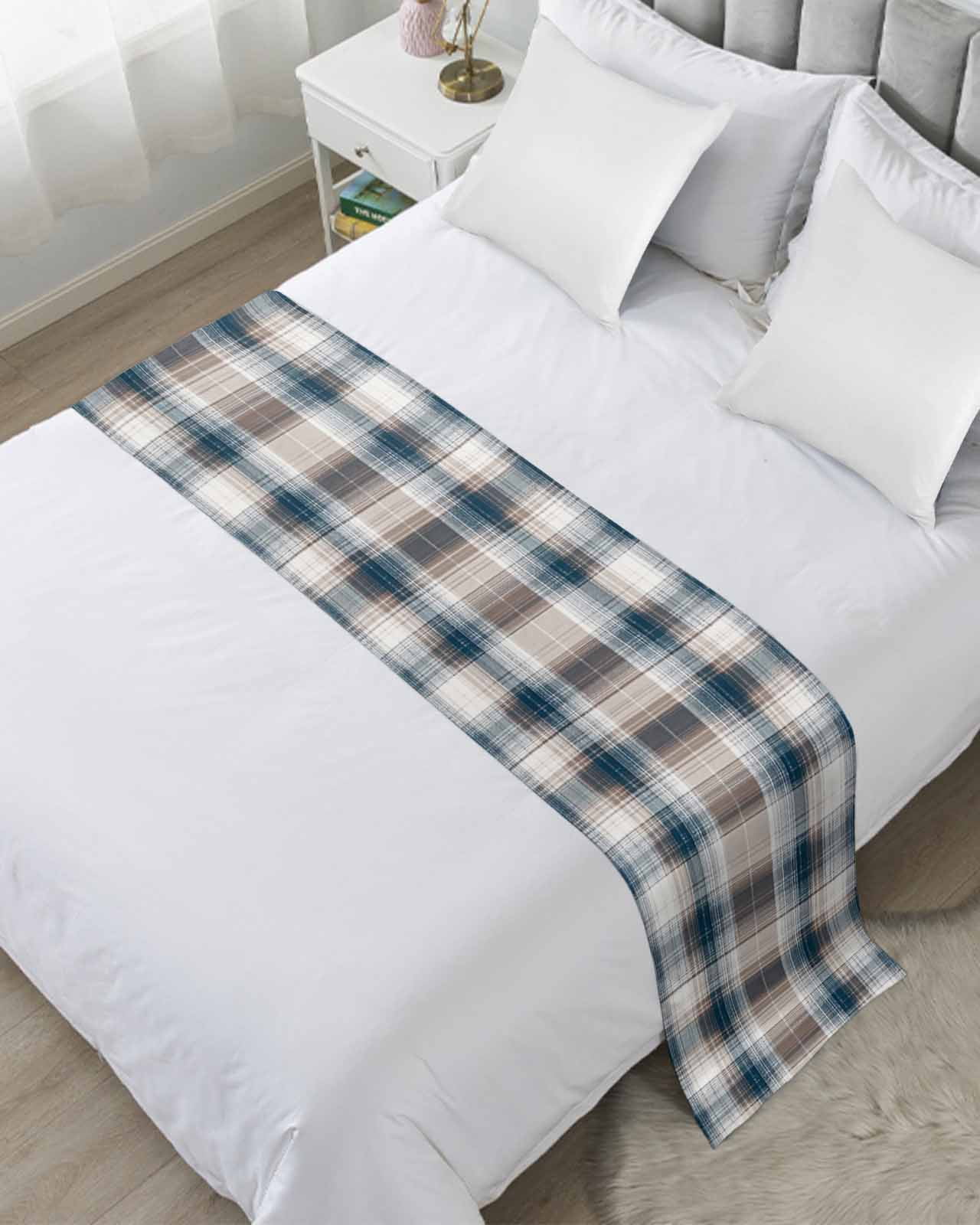 Bed Runner Scarf Cal King Size, Blue Brown Plaid Stain Bed Runners ...