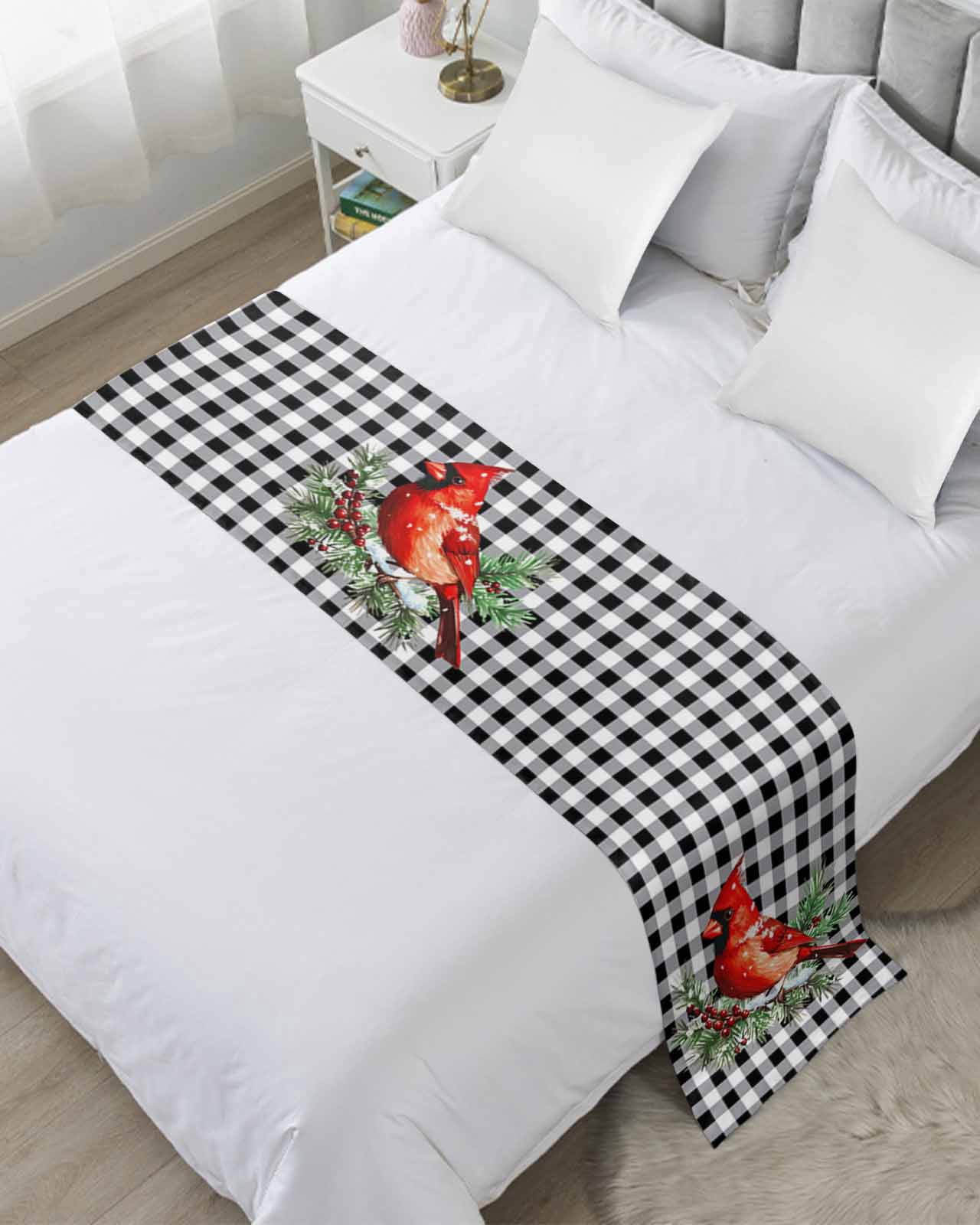 Bed Runner Scarf Cal King Size, Christmas Cardinal Bird Stain Bed ...