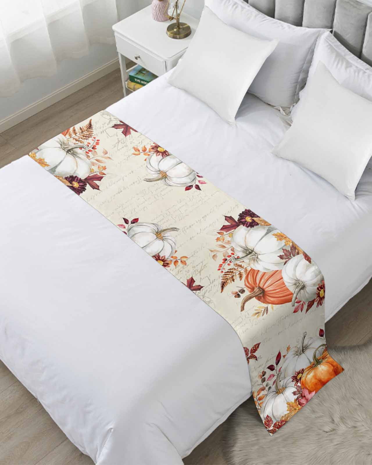 Bed Runner Scarf Cal King Size, Fall White Pumpkin Stain Bed Runners ...