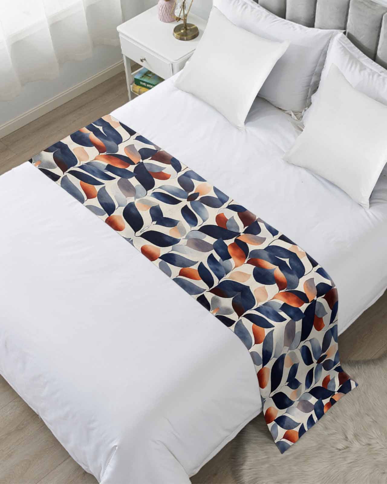 Bed Runner Scarf Cal King Size, Navy Blue Burnt Orange Stain Bed ...