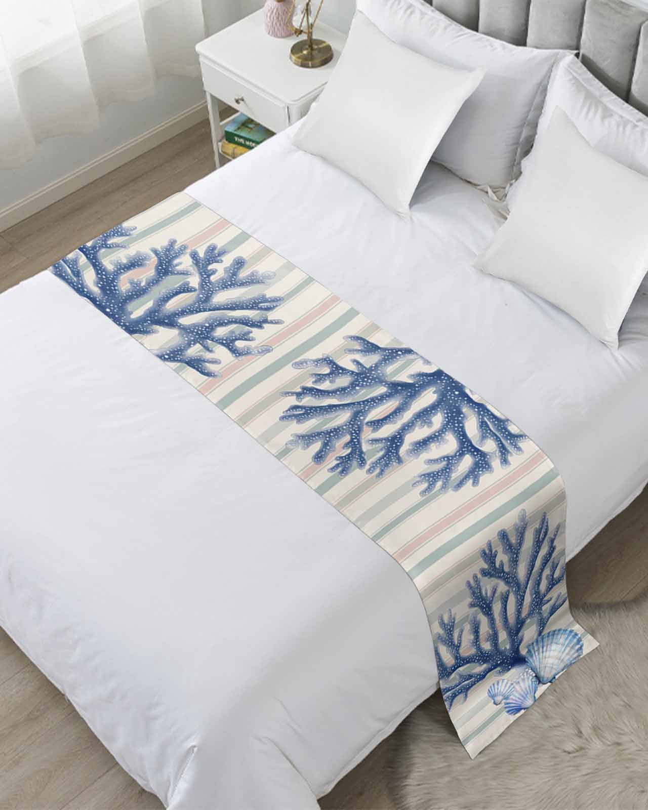 Bed Runner Scarf Cal King Size, Navy Blue Coral Stain Bed Runners ...