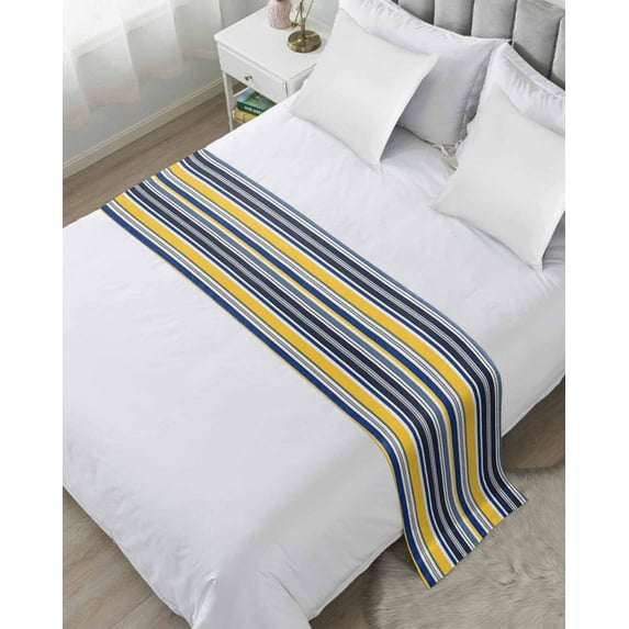 Bed Runner Scarf Cal King Size, Navy Blue Yellow Striped Stain Bed ...