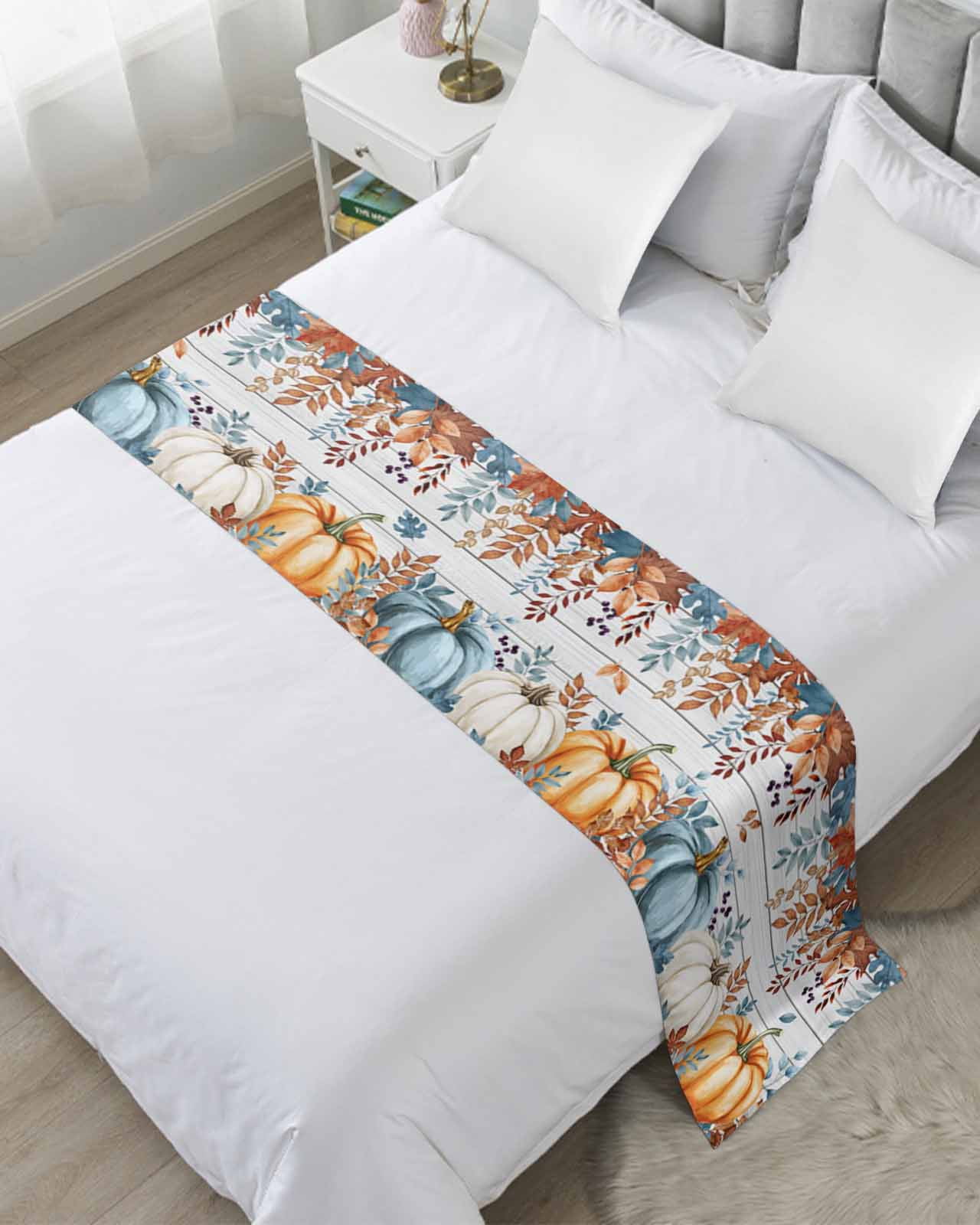Bed Runner Scarf Cal King Size, Orange Blue Fall Stain Bed Runners ...