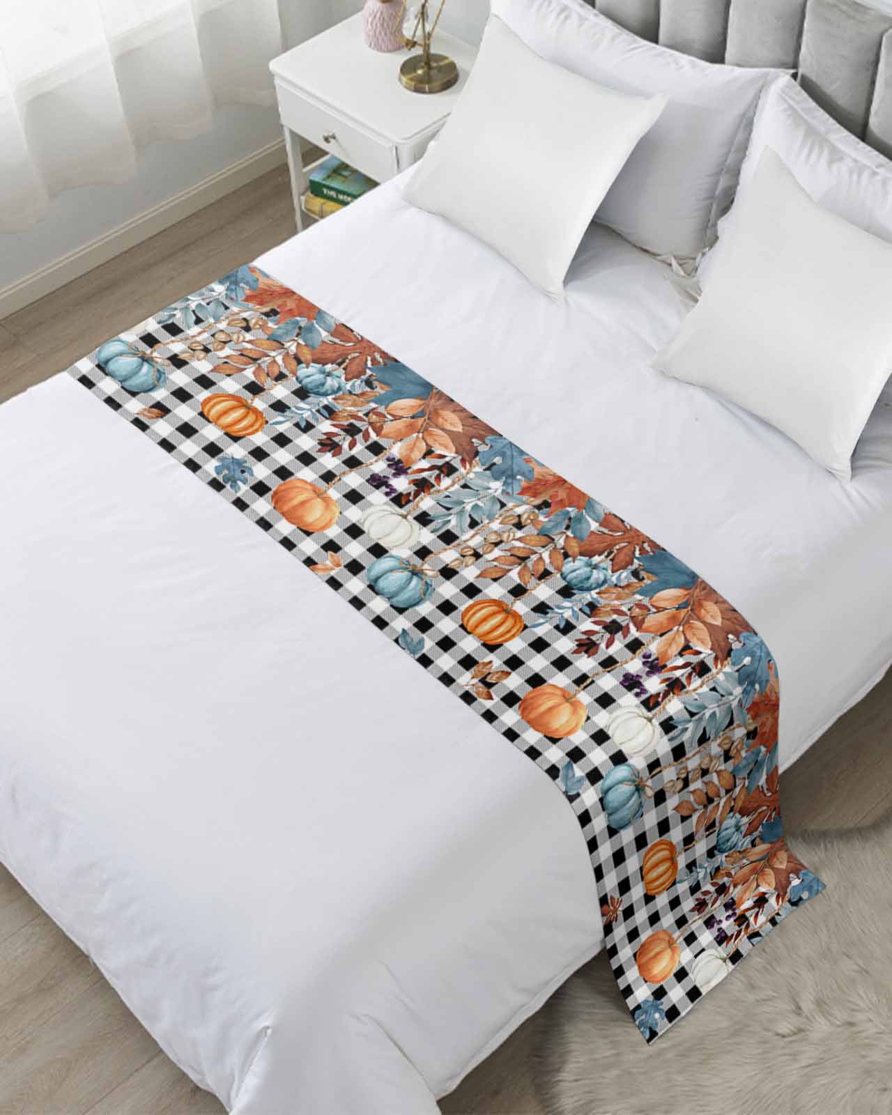 Bed Runner Scarf Cal King Size, Orange Blue Pumpkins Fall Stain Bed ...