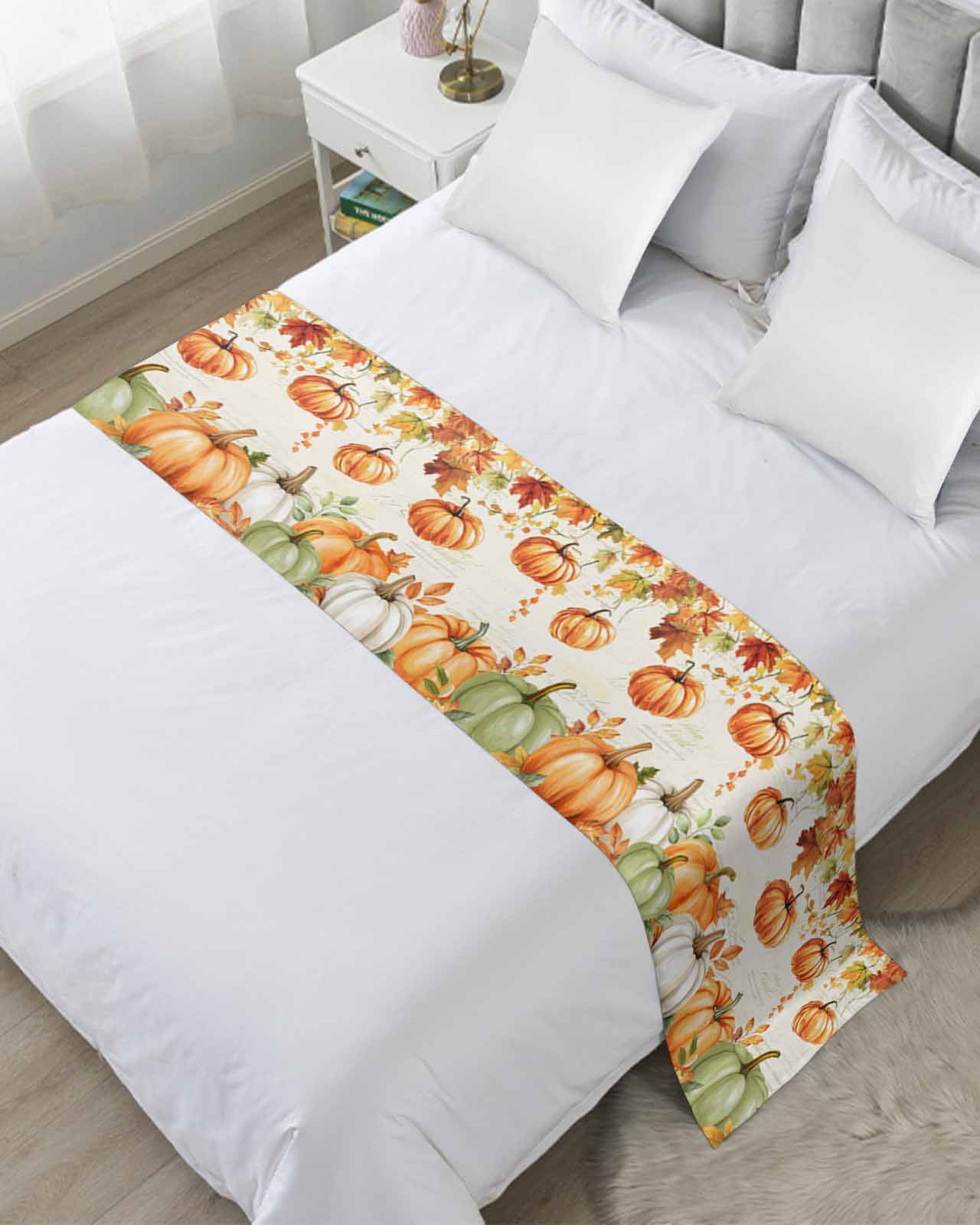 Bed Runner Scarf Cal King Size, Orange Green Pumpkins Fall Stain Bed ...