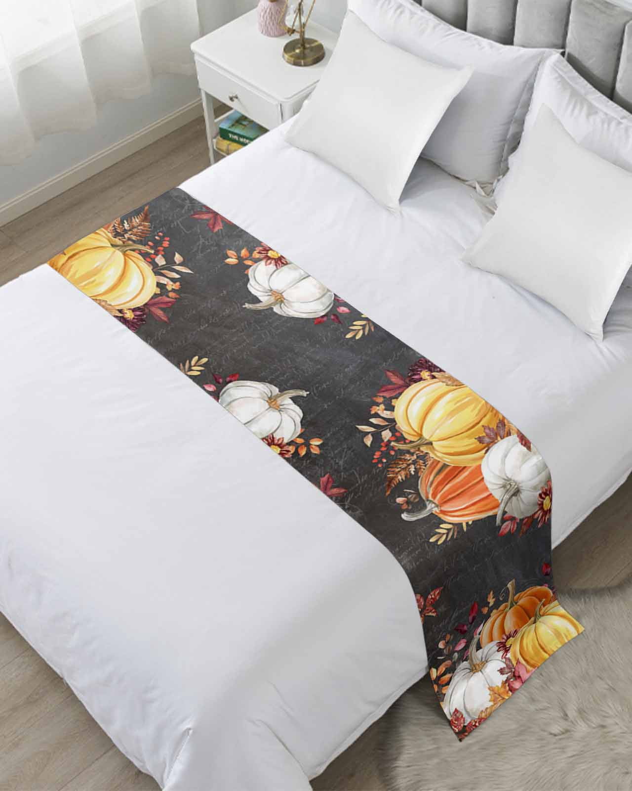 Bed Runner Scarf Cal King Size, Orange Pumpkins Fall Stain Bed Runners ...