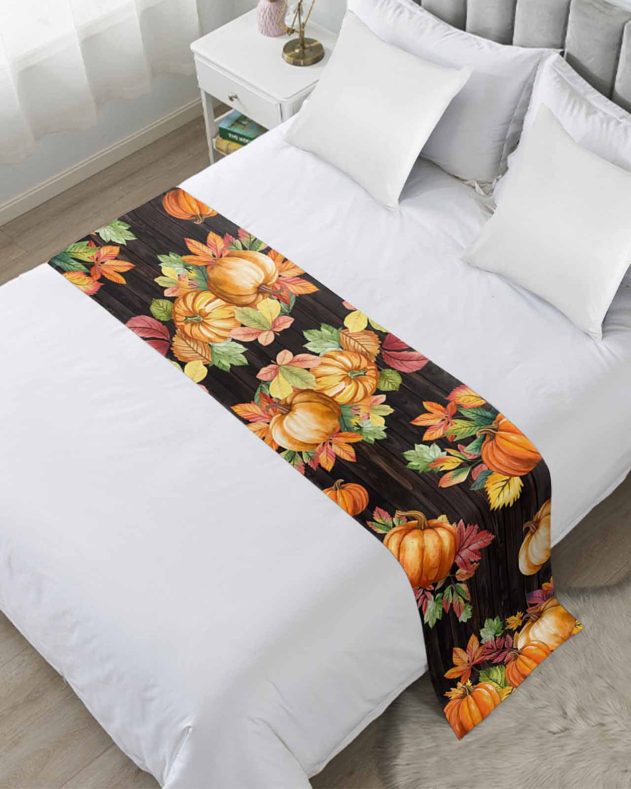 Bed Runner Scarf Cal King Size, Orange Pumpkins Stain Bed Runners ...
