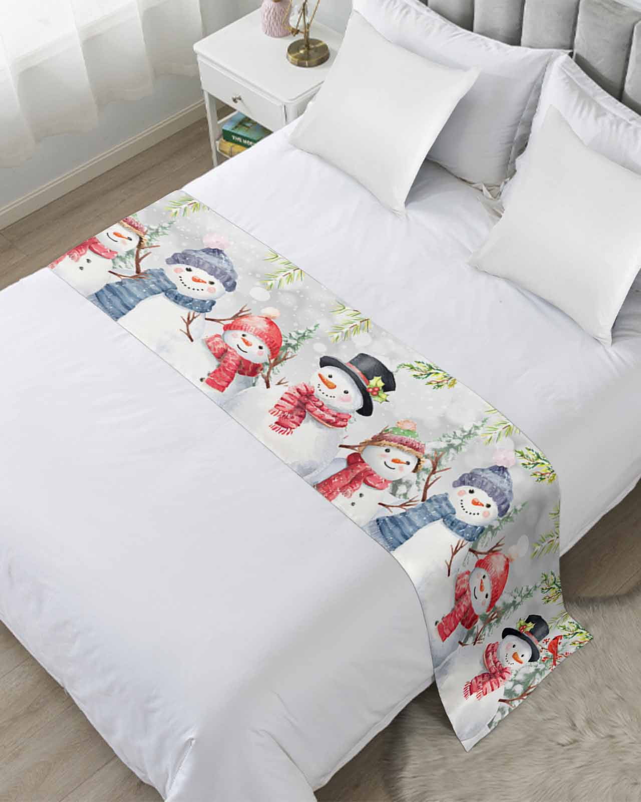Bed Runner Scarf Cal King Size, Red Blue Christmas Snowman Stain Bed ...