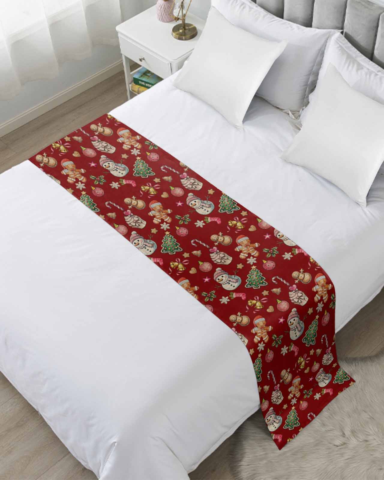 Bed Runner Scarf Cal King Size, Red Christmas Stain Bed Runners ...