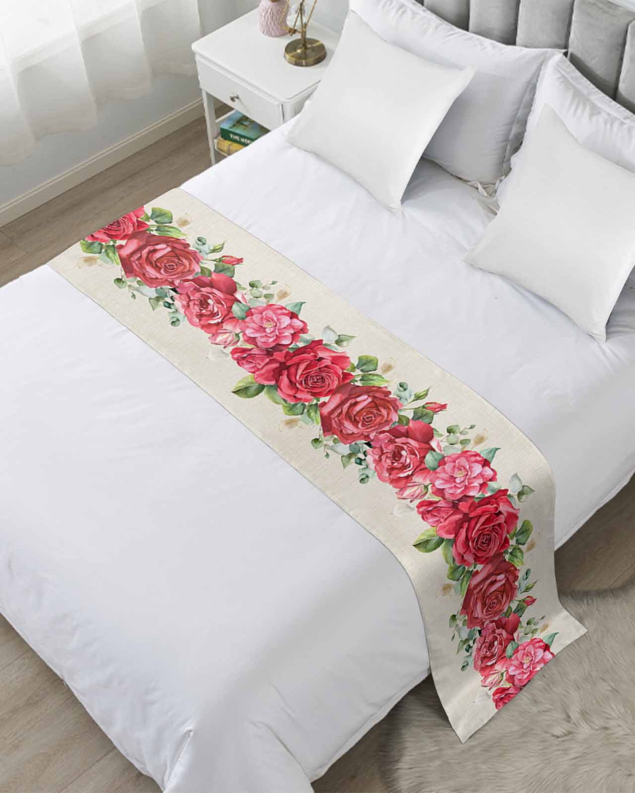 Bed Runner Scarf Cal King Size, Red Roses Valentine's Day Stain Bed ...