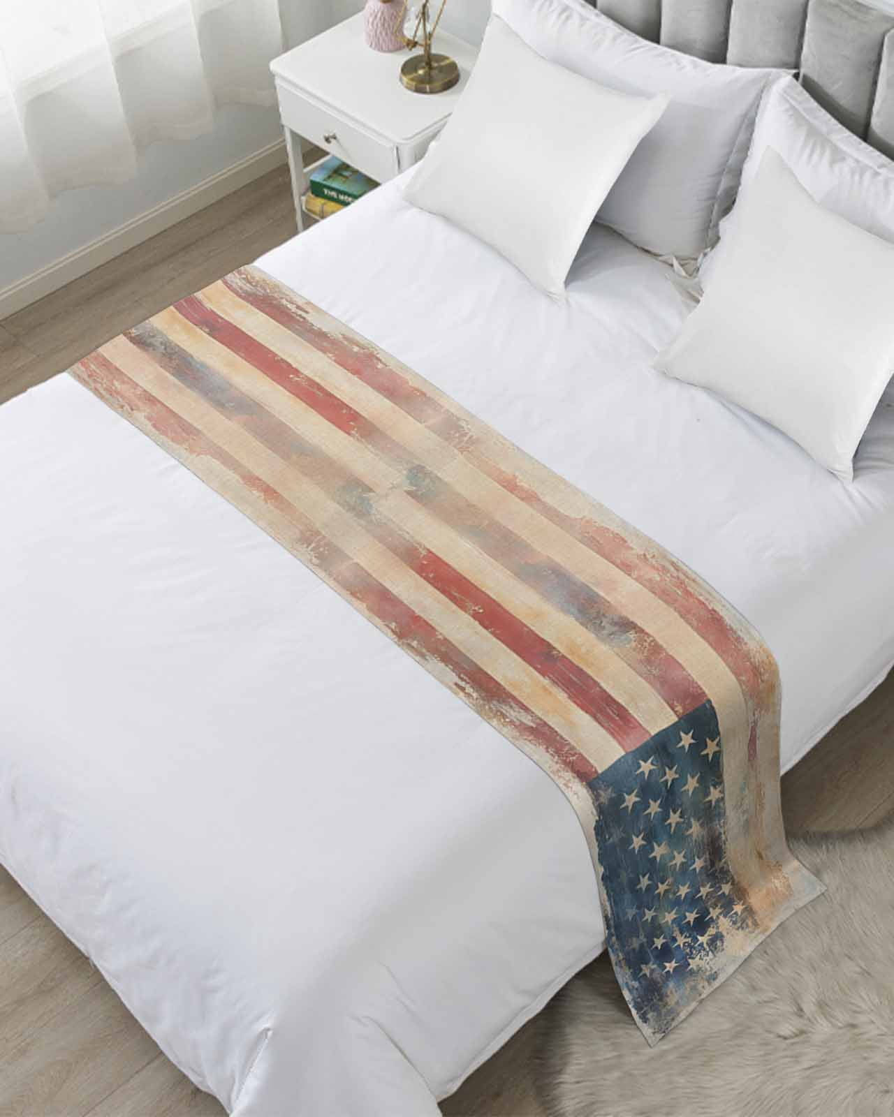 Bed Runner Scarf Cal King Size, Retro American Flag Stain Bed Runners ...