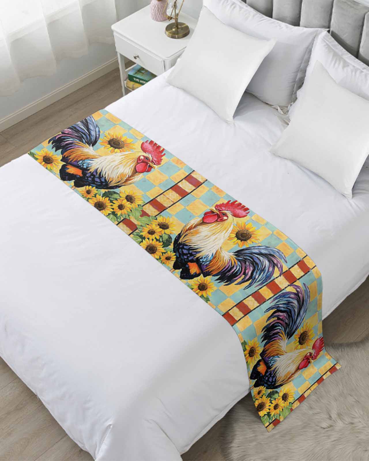 Bed Runner Scarf Cal King Size, Retro Rooster Stain Bed Runners ...