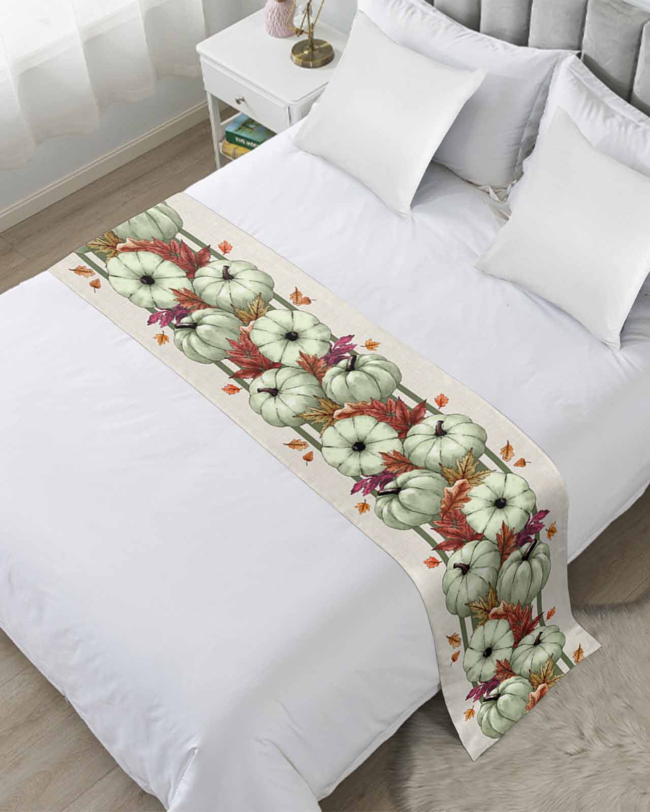 Bed Runner Scarf Cal King Size, Sage Green Pumpkins Fall Stain Bed ...