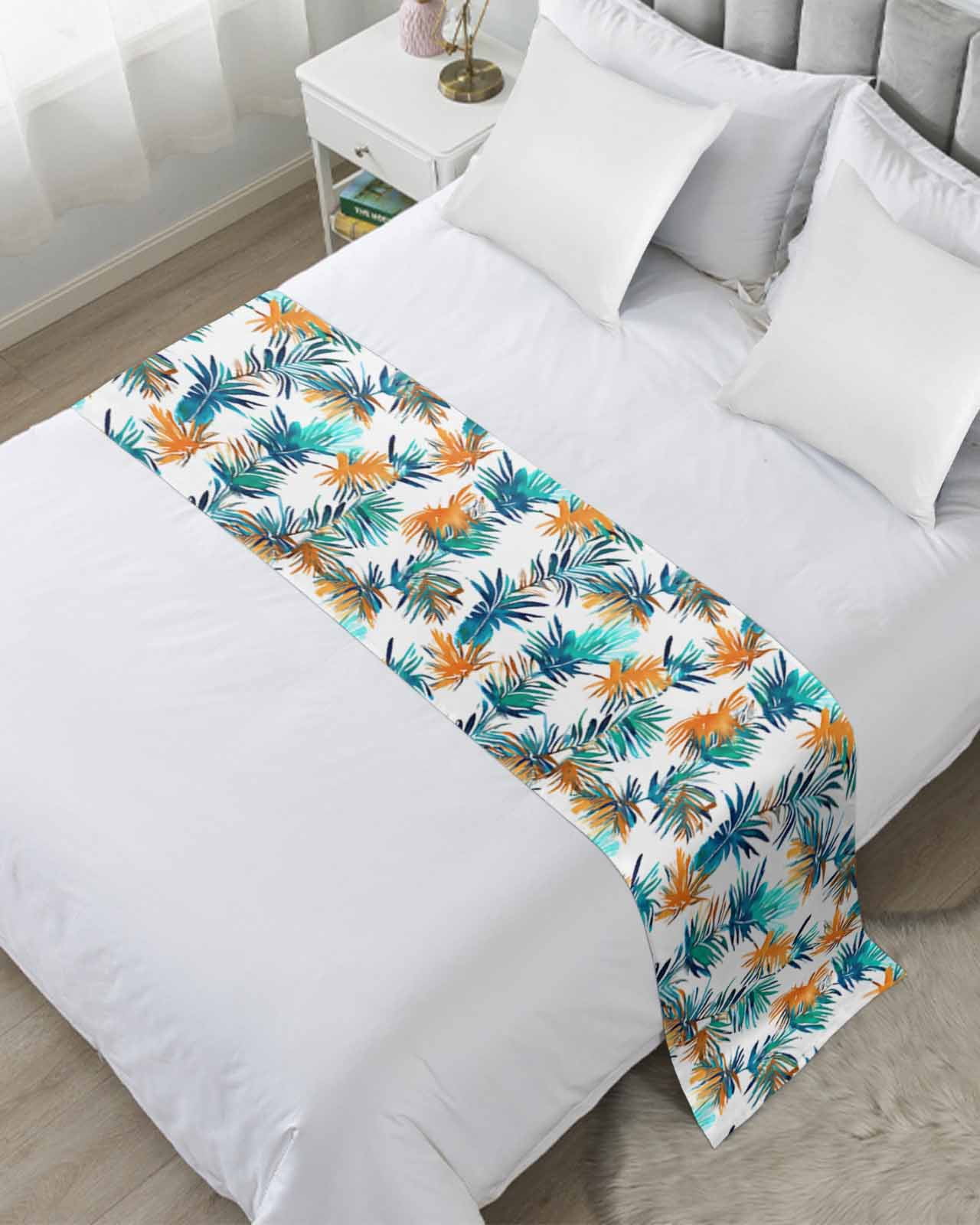 Bed Runner Scarf Cal King Size, Teal Orange Palm Leaf Stain Bed Runners ...