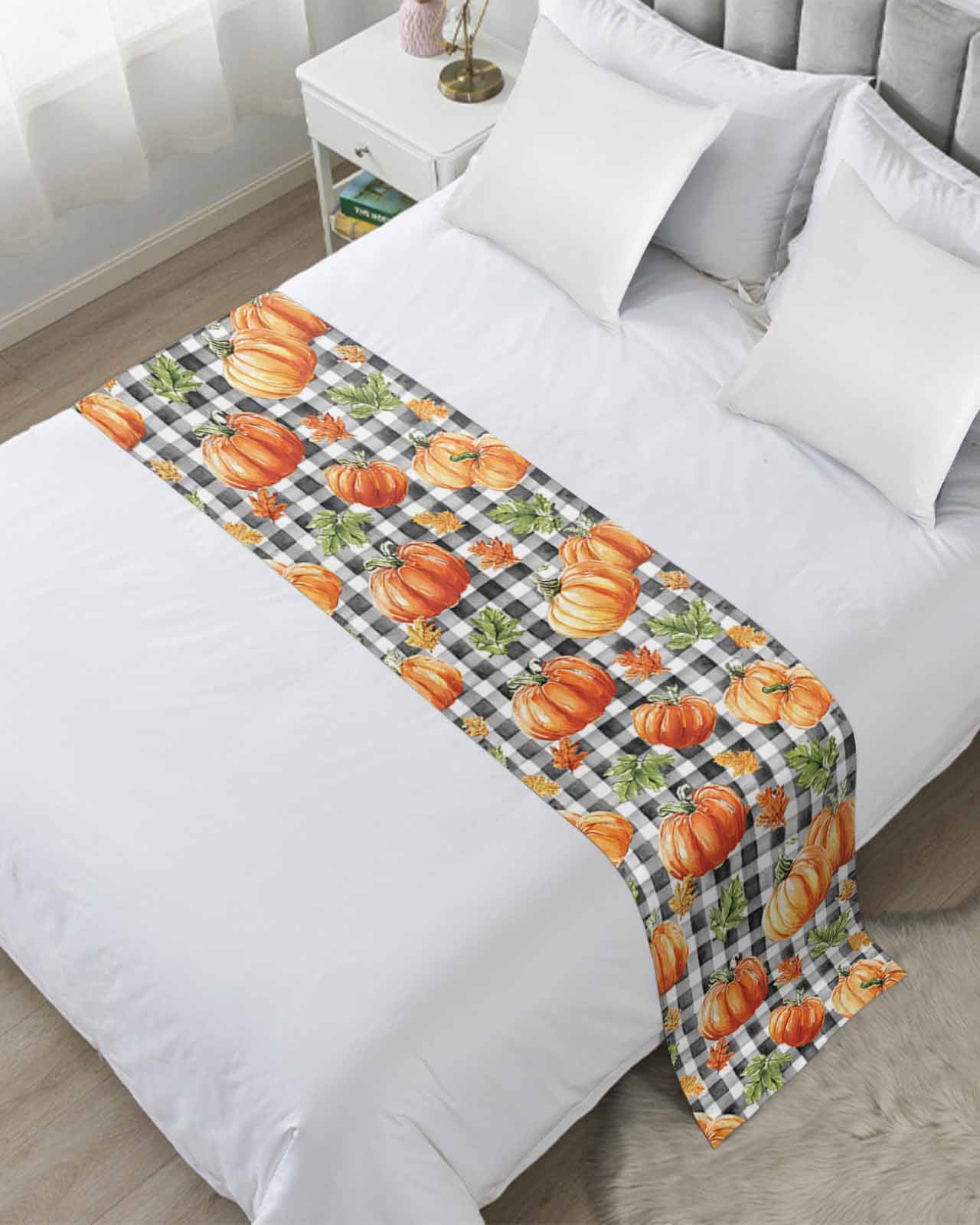 Bed Runner Scarf Cal King Size, Thanksgiving Orange Pumpkin Stain Bed ...