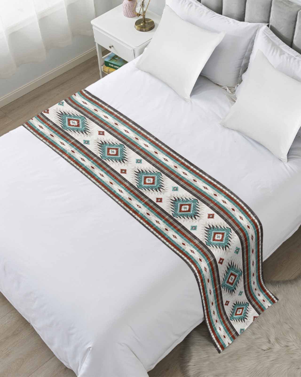 Bed Runner Scarf Cal King Size, Turquoise Red Boho Stain Bed Runners ...