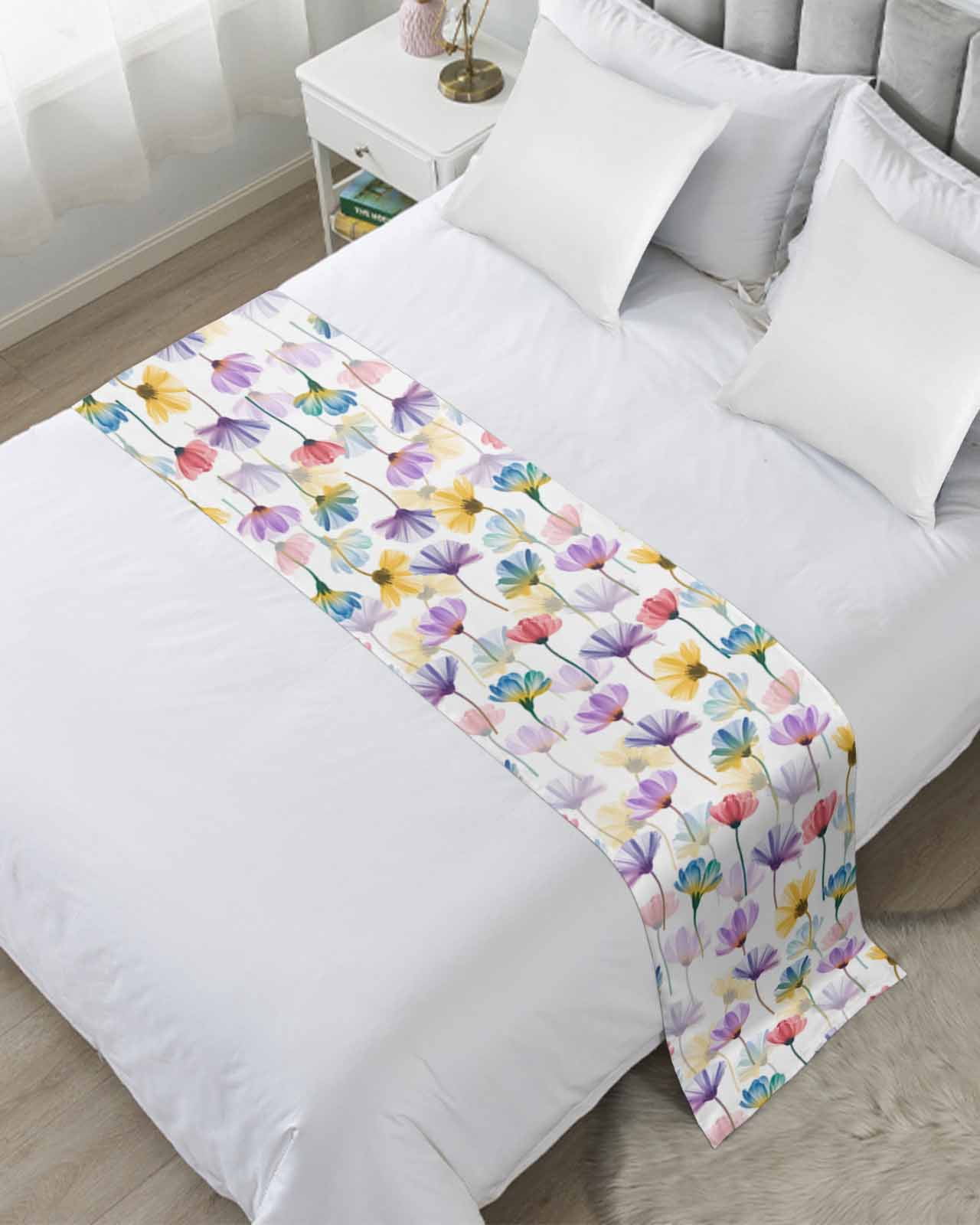 Bed Runner Scarf Cal King Size, Watercolor Flowers Stain Bed Runners ...