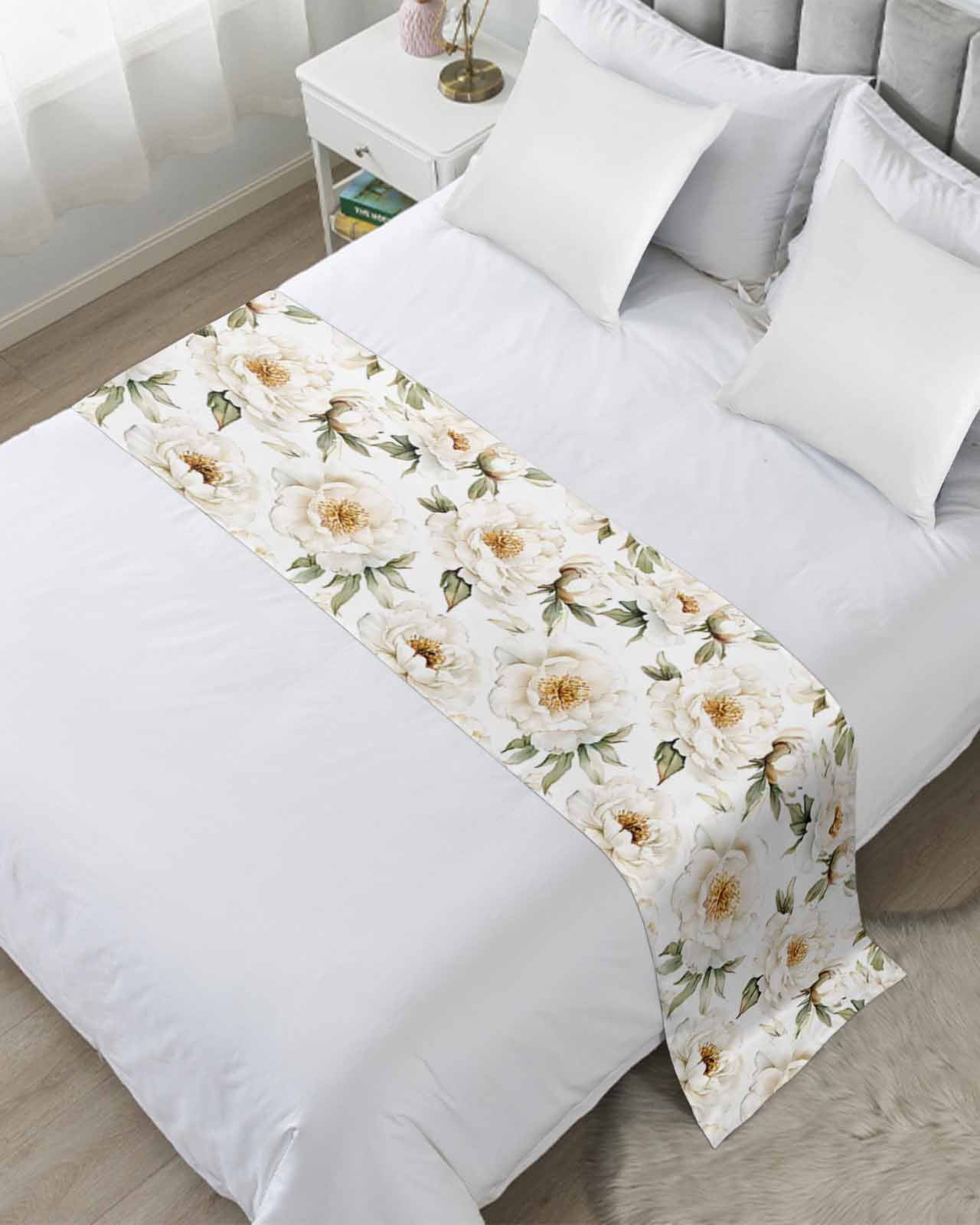Bed Runner Scarf Cal King Size, White Floral Stain Bed Runners ...