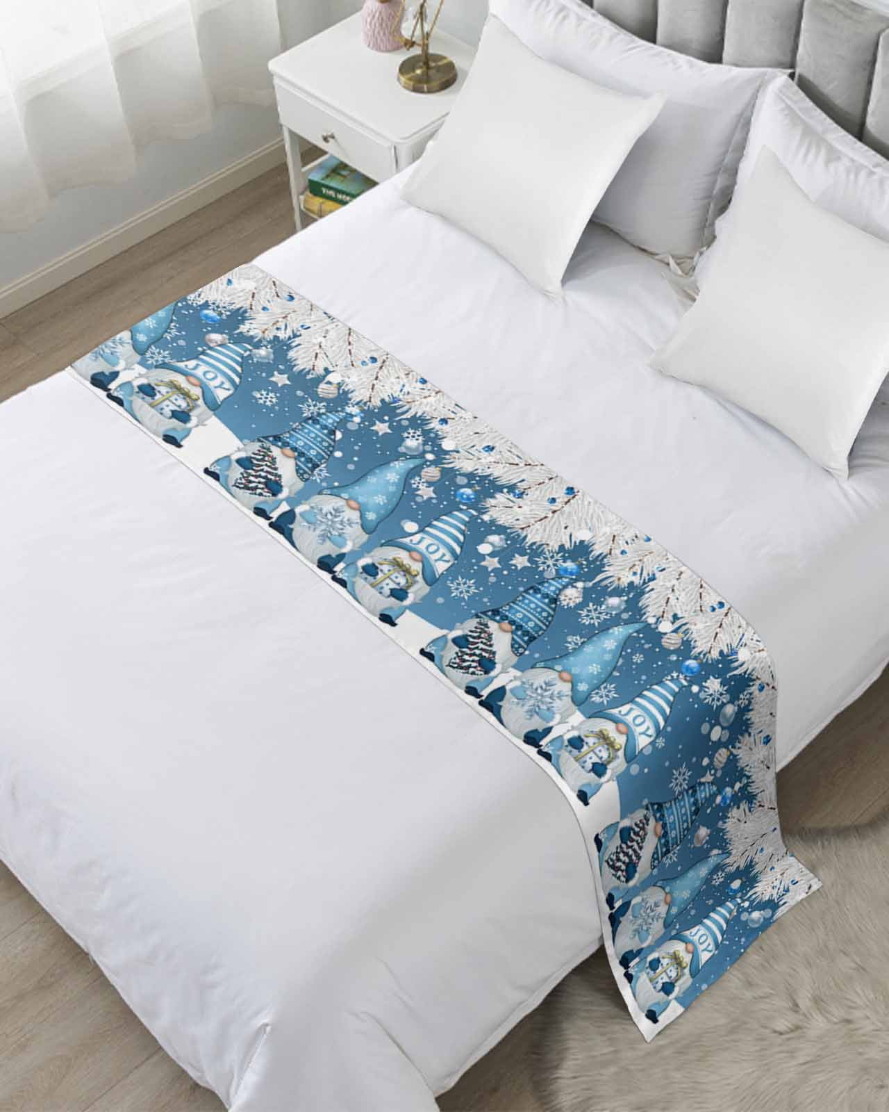 Bed Runner Scarf for King Size Bed, Blue Gnomes Christmas Beds Scarf ...