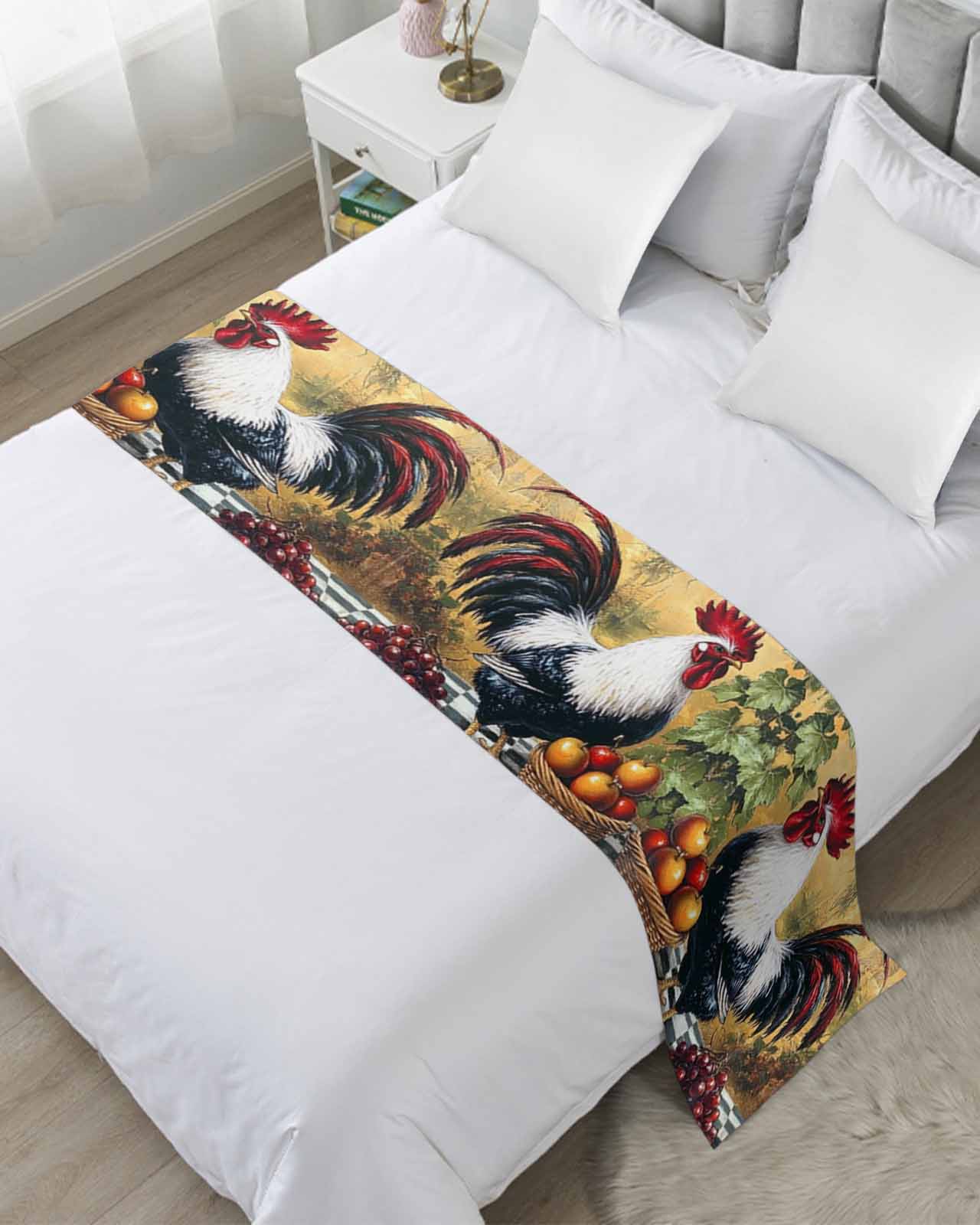 Bed Runner Scarf King Size, Black White Retro Rooster Stain Bed Runners ...