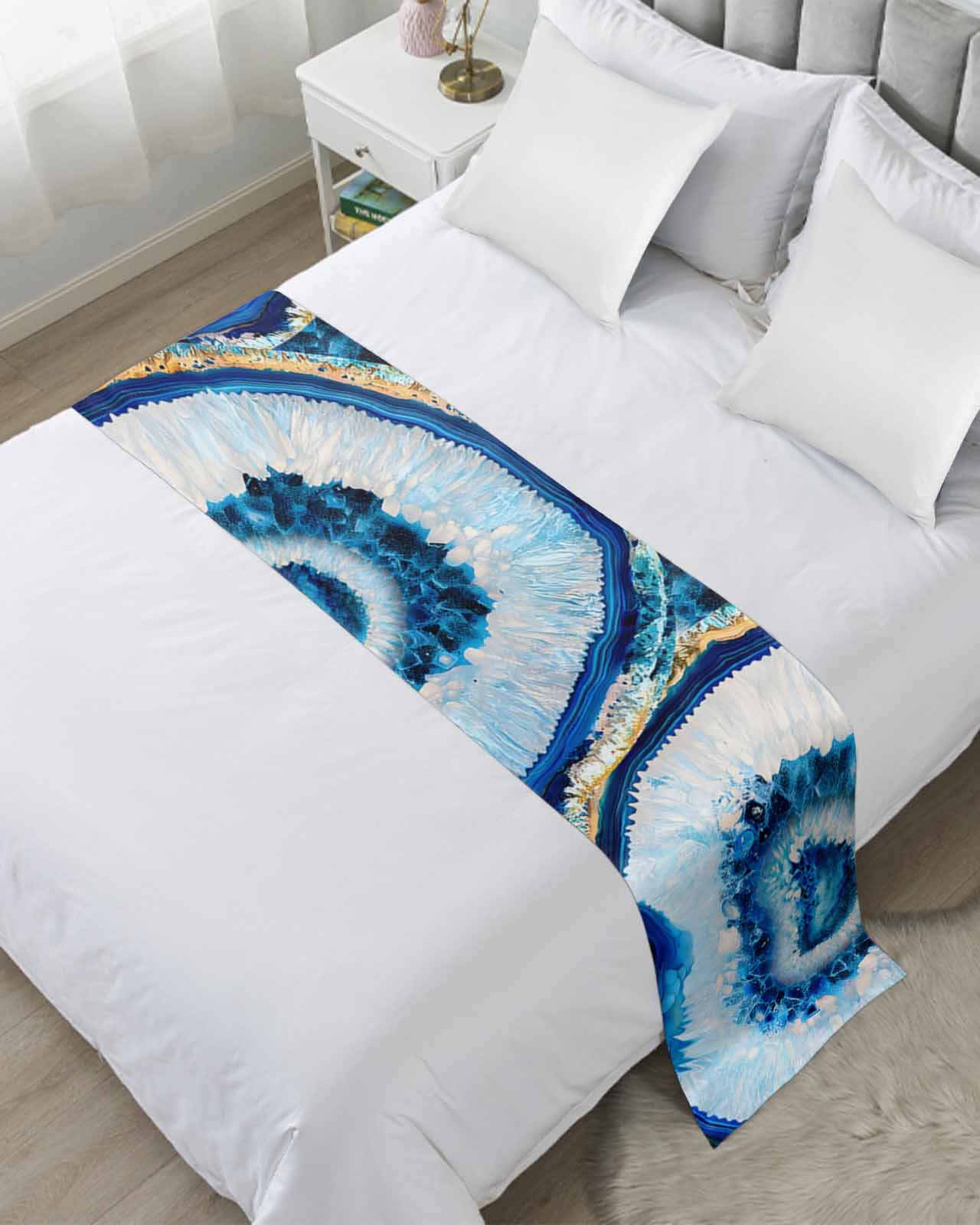 Bed Runner Scarf King Size, Blue Abstract Marble Stain Bed Runners ...