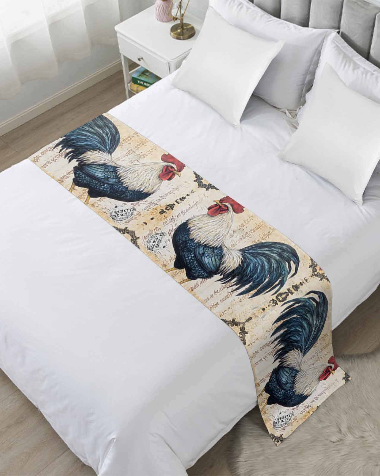 Bed Runner Scarf King Size, Blue Retro Rooster Stain Bed Runners ...