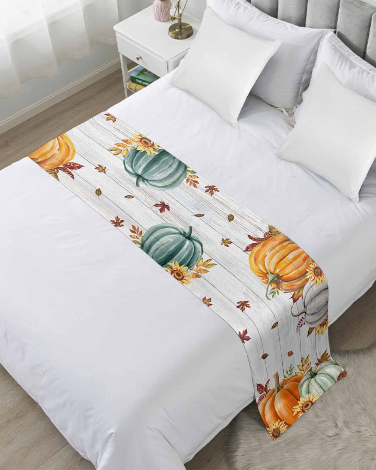 Bed Runner Scarf King Size, Orange Pumpkins Fall Stain Bed Runners ...